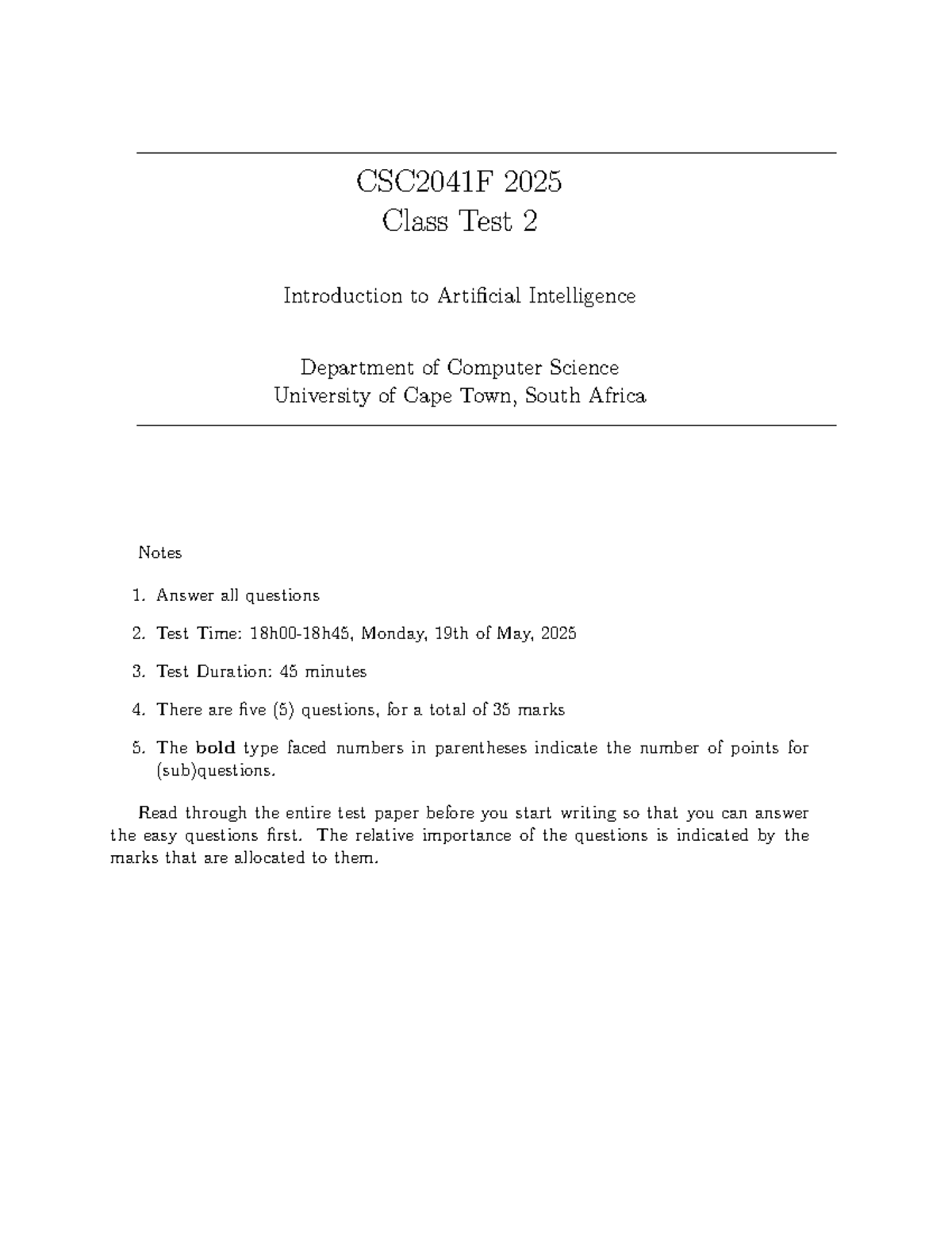 CSC2041F Test 2 - 2025 Practice Notes on AI Concepts - Studocu