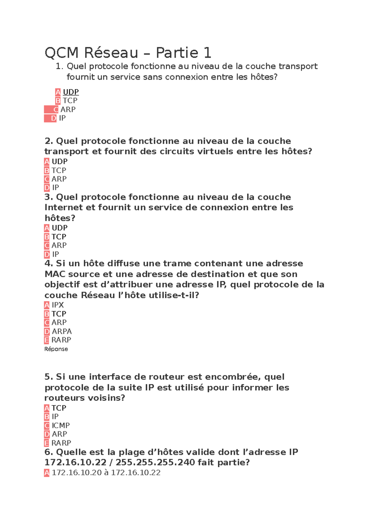 QCM Réseau - Partie 1 à 10 - Examen Complet RAS - Studocu