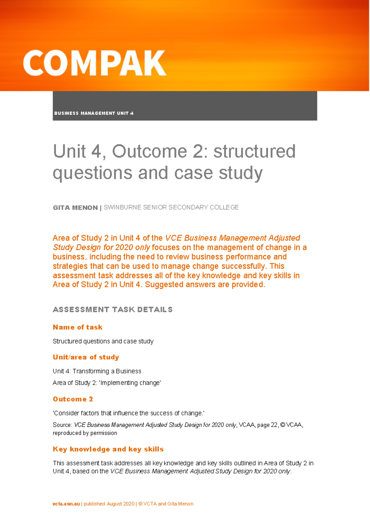COMPAK BUSINESS MANAGEMENT UNIT 4: AOS 2 Practice Questions and Case ...