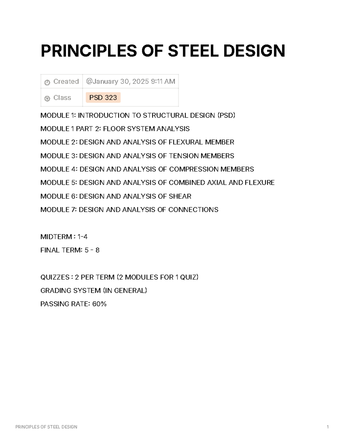 Principles of Steel Design - PSD 323 Midterm & Final Exam Guide - Studocu