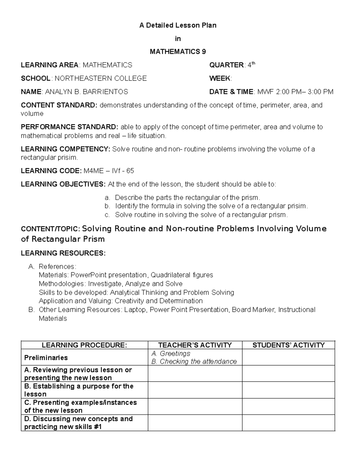 MATHEMATICS 9 Lesson Plan: Volume of Rectangular Prism (4th Quarter ...