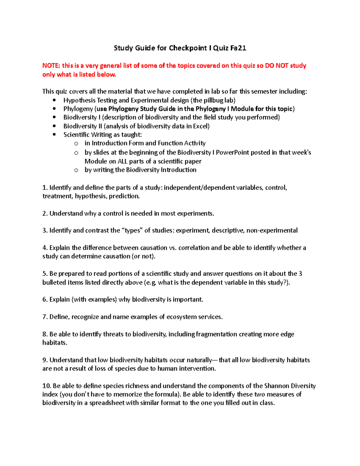 Checkpoint I Quiz Study Guide (Fa21): Key Topics & Concepts - Studocu
