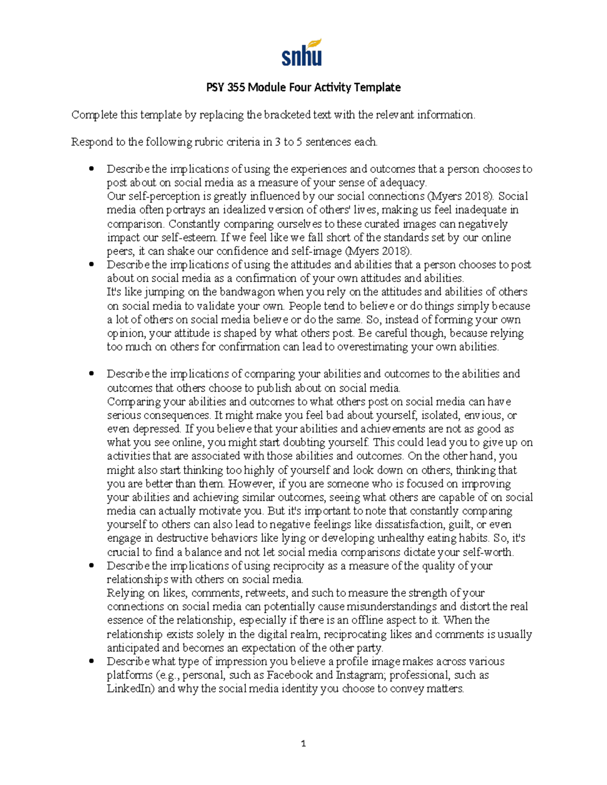 PSY 355 Module Four Activity: Social Media Influences on Self ...