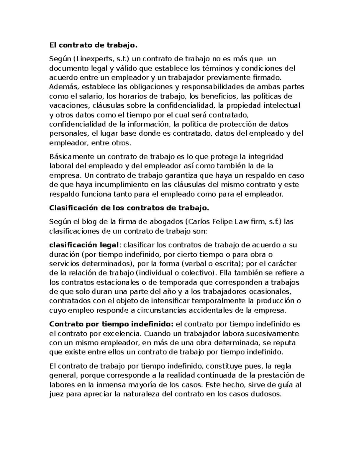 Concepto y Clasificación de Contratos de Trabajo: Análisis Legal - Studocu