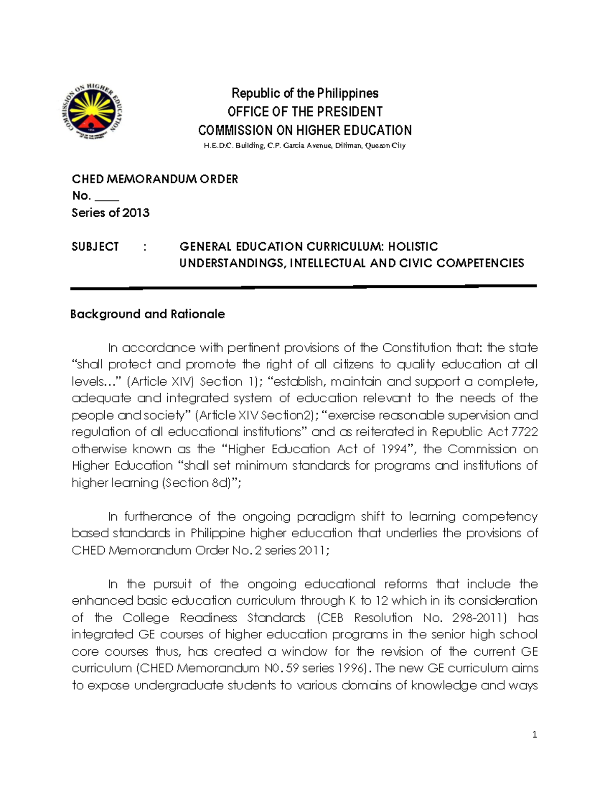 CHED CMO 2013: Revised General Education Curriculum Overview - Studocu