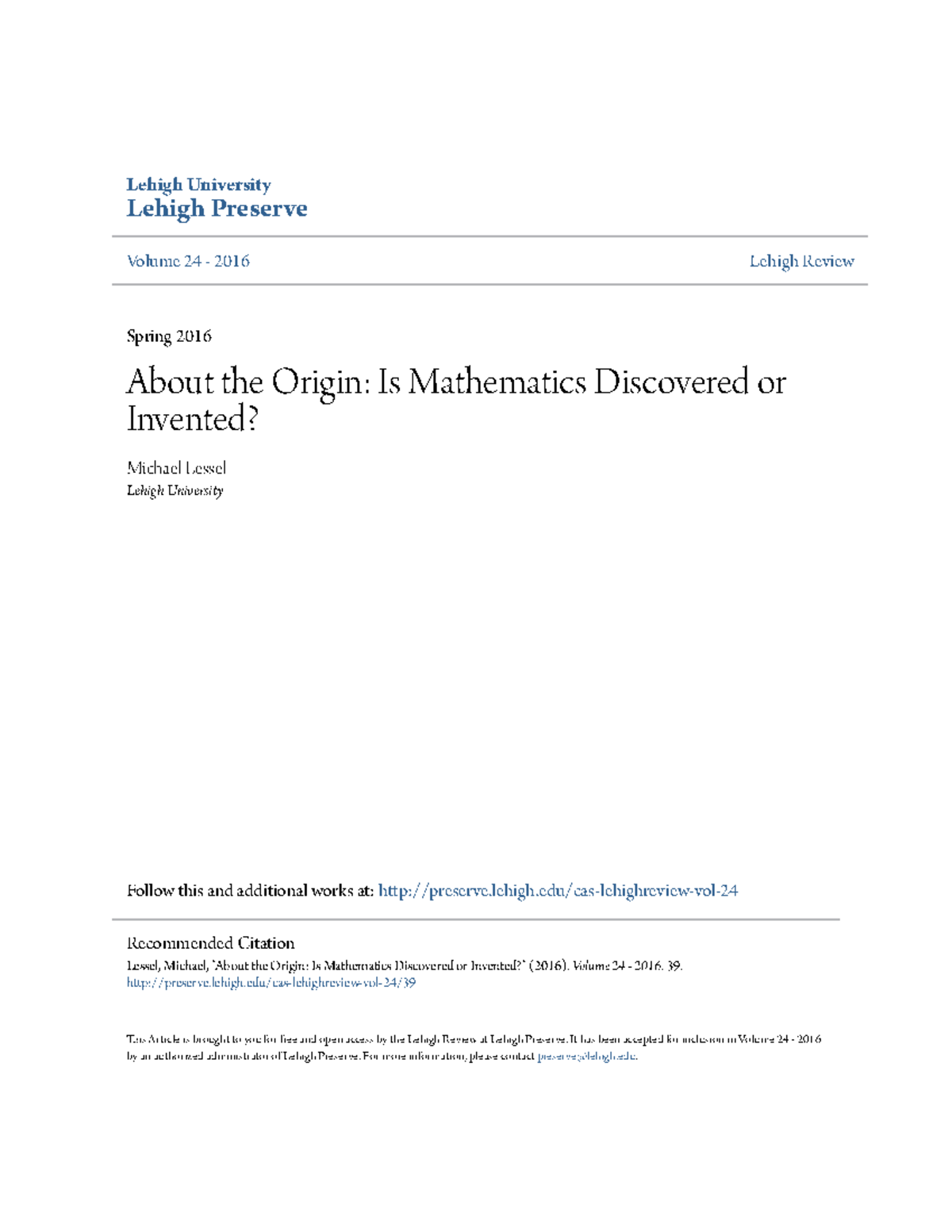 Philosophical Inquiry: Is Math Discovered or Invented? - Lehigh Review ...