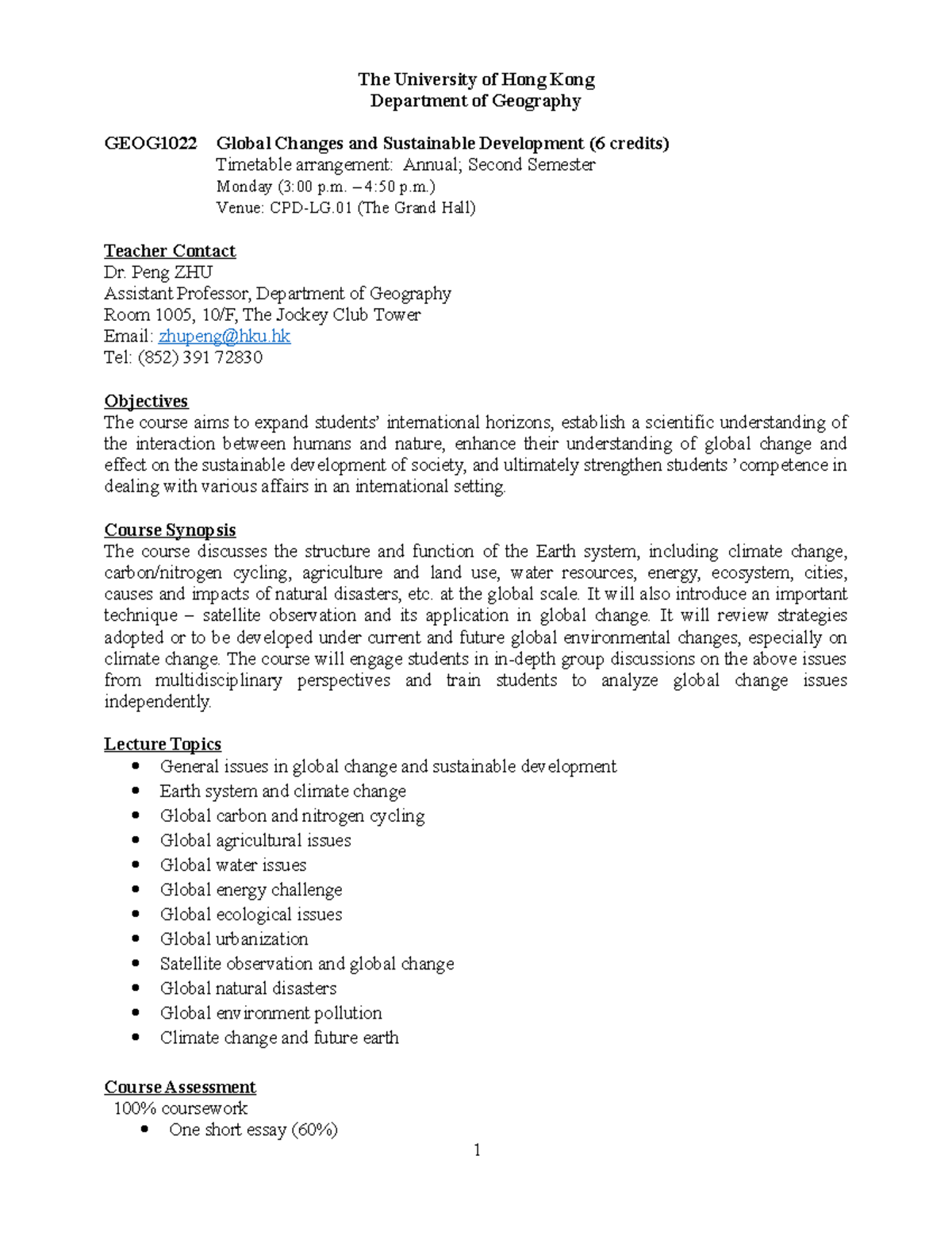 GEOG1022 Course Outline: Global Changes & Sustainable Development 2526 ...