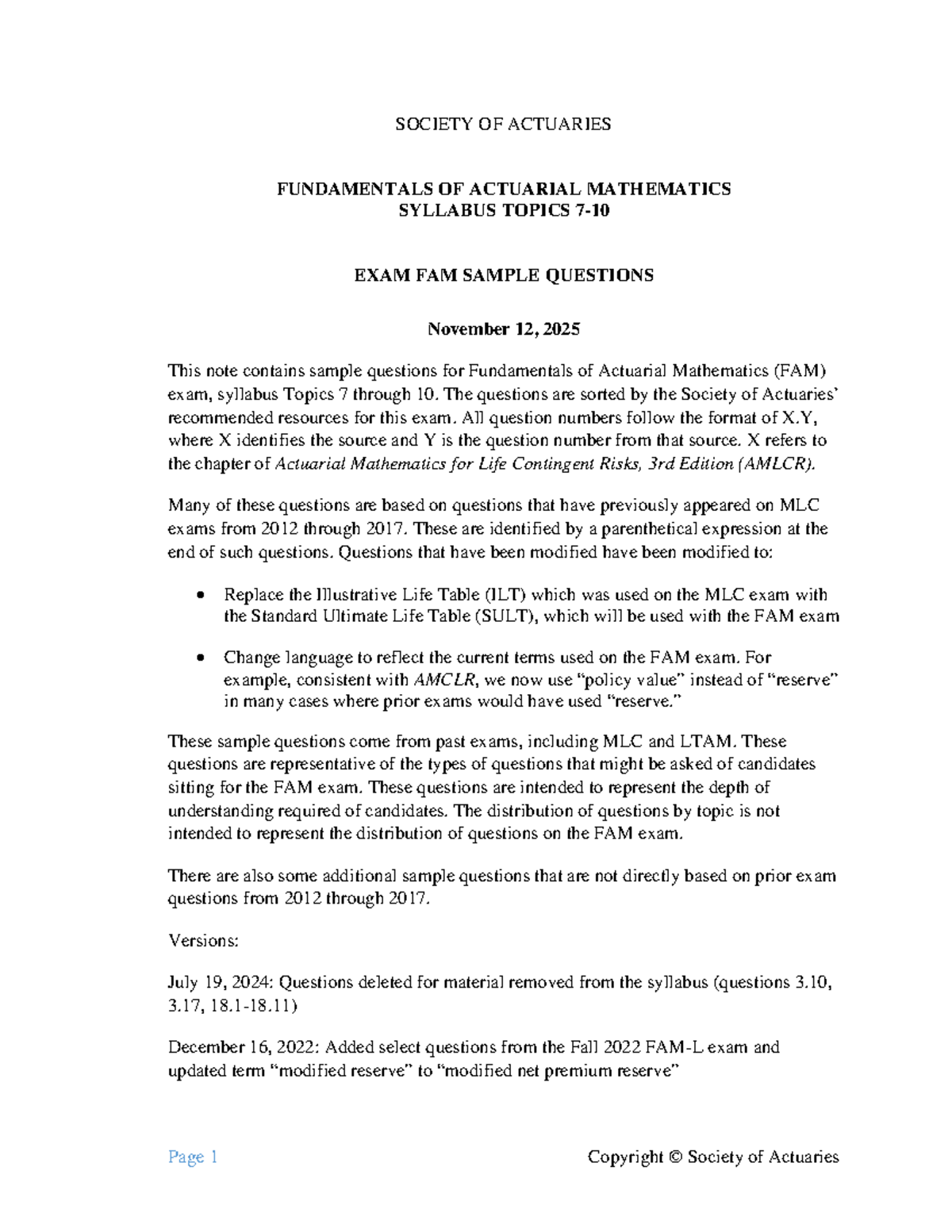 SOCIETY OF ACTUARIES FAM EXAM SAMPLE QUESTIONS - 2024 Edition - Studocu