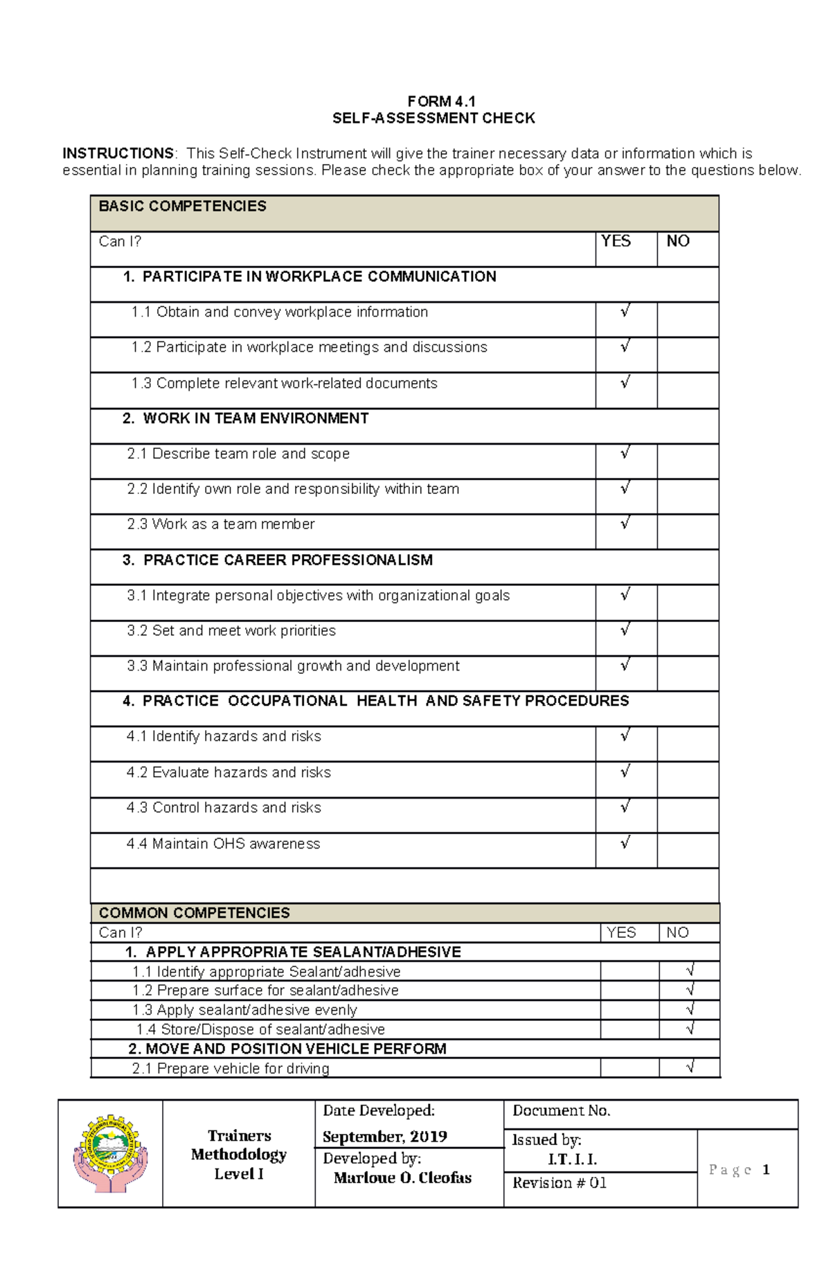 Self-Assessment Activity for Trainers - Level I (IT III) - Studocu
