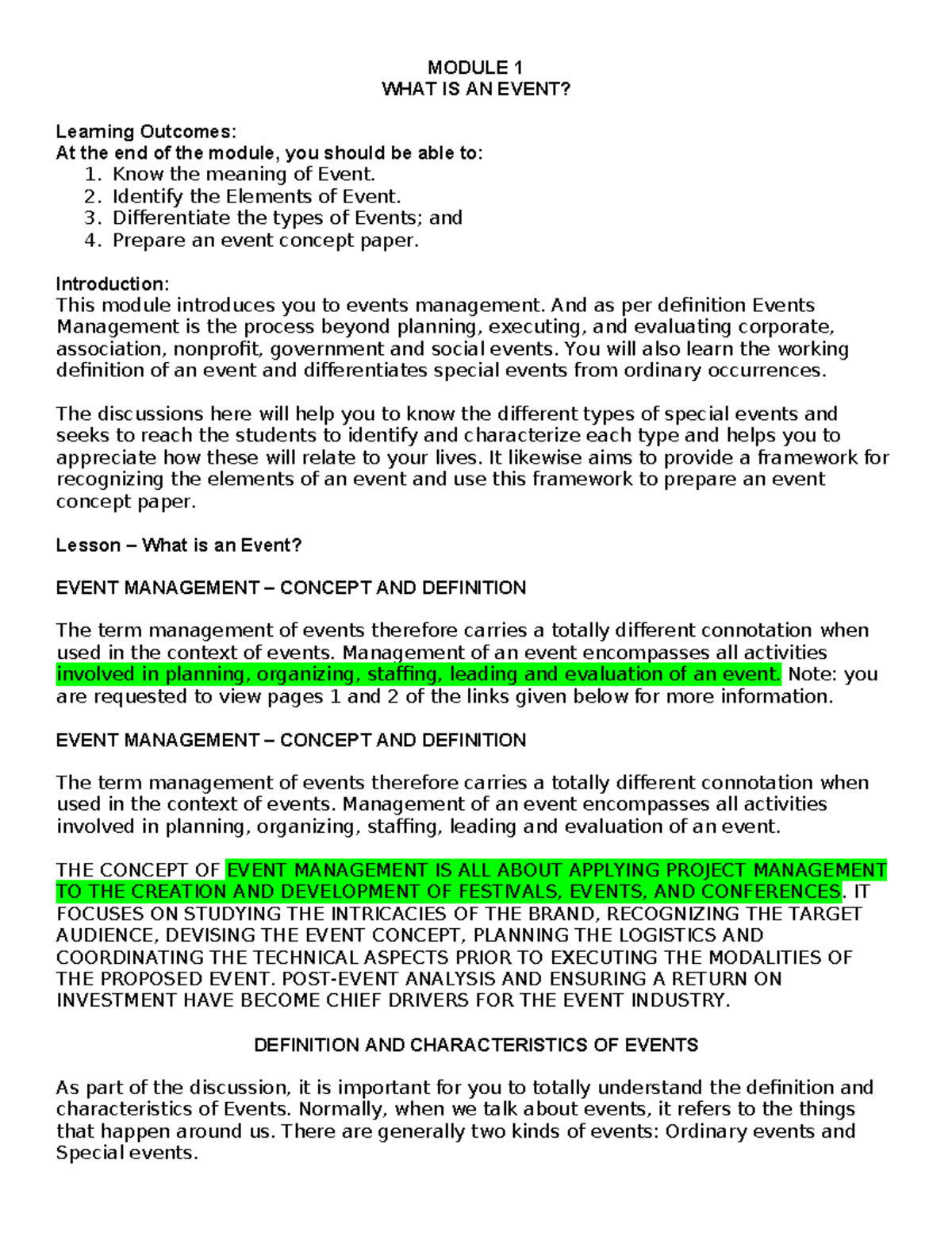 MODULE 1: UNDERSTANDING EVENTS IN EVENT MANAGEMENT - Studocu