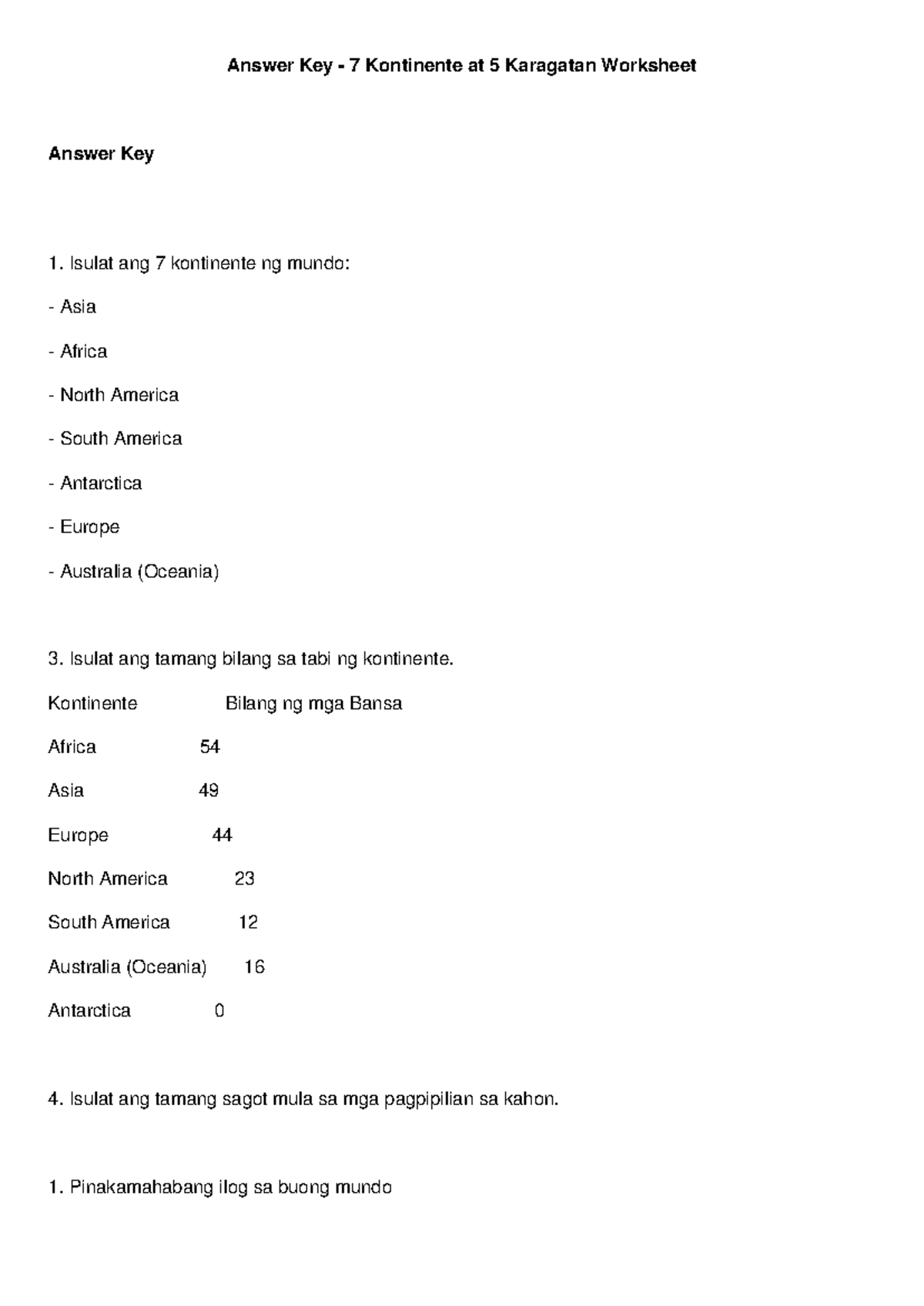 Answer Key: 7 Kontinente at 5 Karagatan Worksheet - Studocu