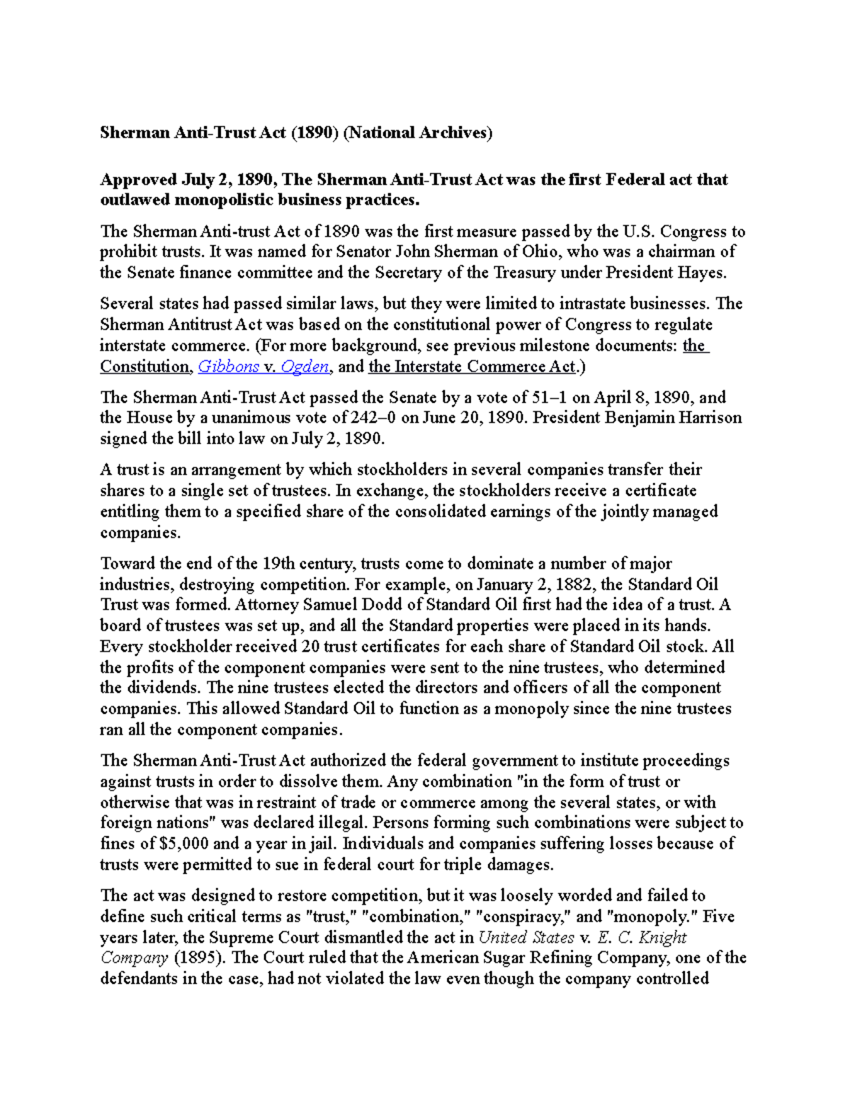 Sherman Anti-Trust Act Overview: Key Points & Historical Impact - Studocu