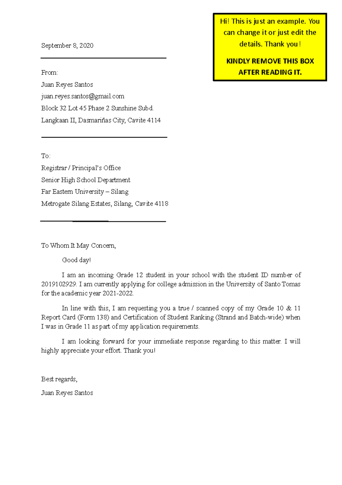 Request Letter Format for Grade 12 College Admission - Studocu