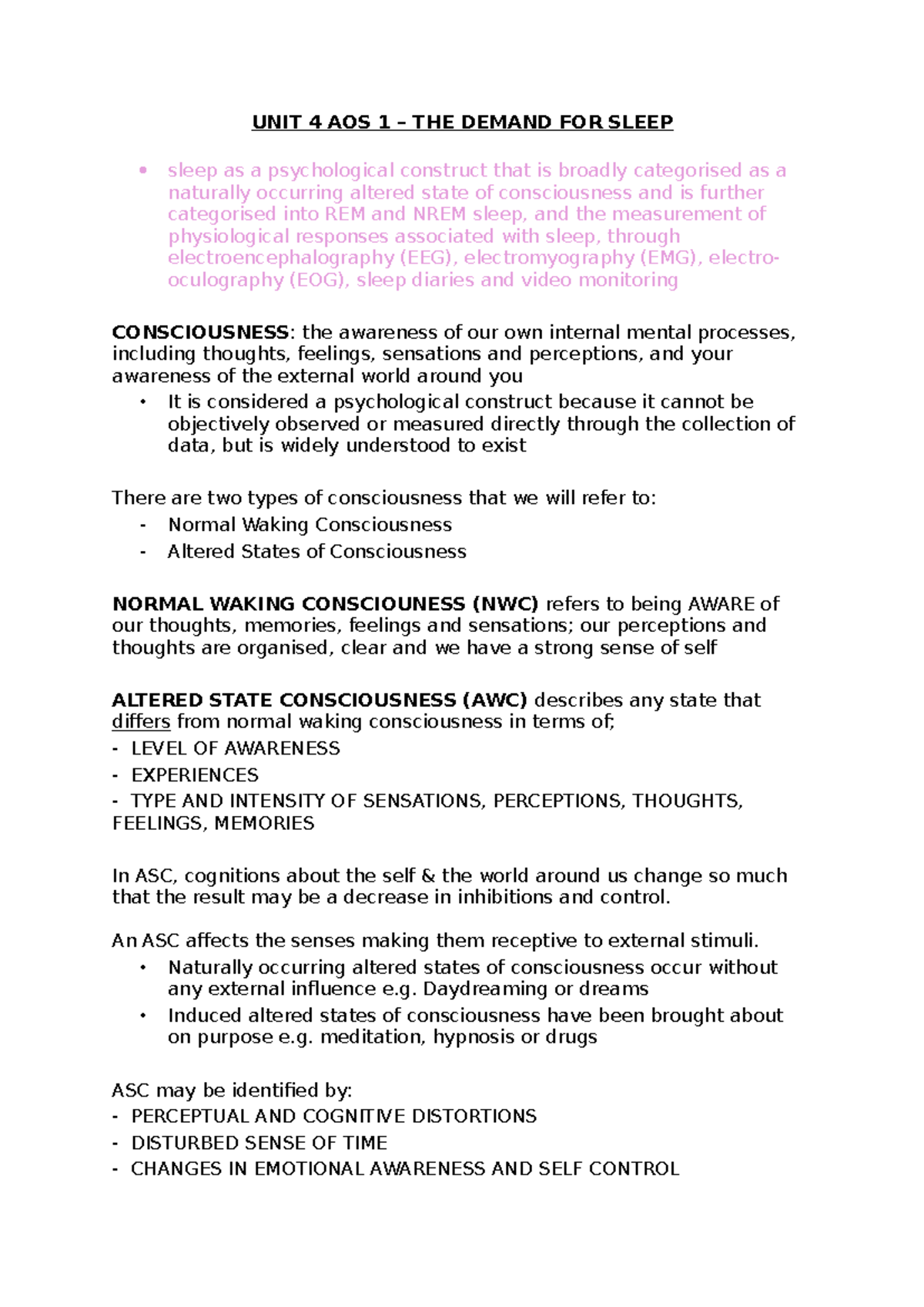 Unit 4 AOS 1: Sleep - Comprehensive Study Notes - Studocu