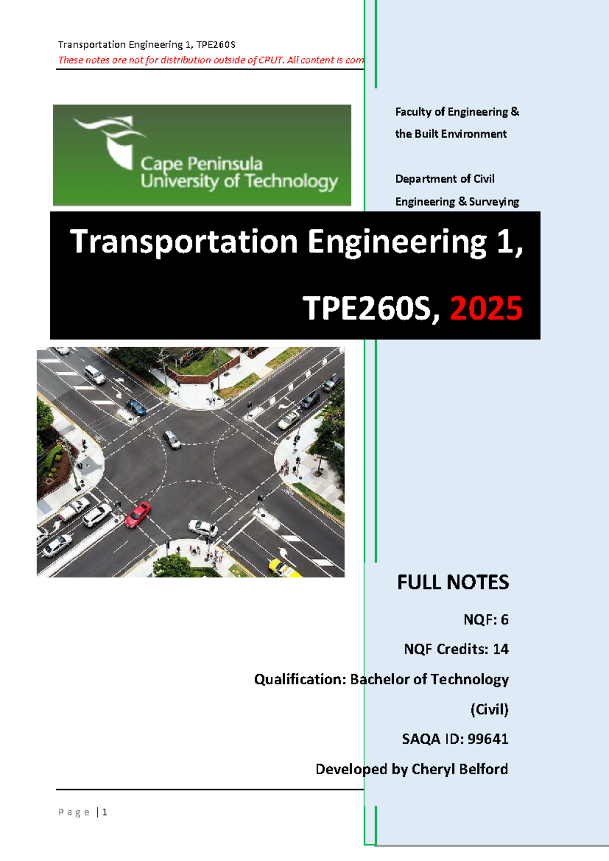 TPE260S Transportation Engineering 1, 2025 Comprehensive Notes - Studocu