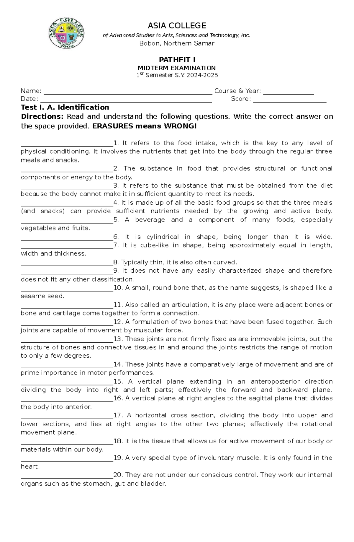 Pathfit Midterms - examination - ASIA COLLEGE of Advanced Studies in ...