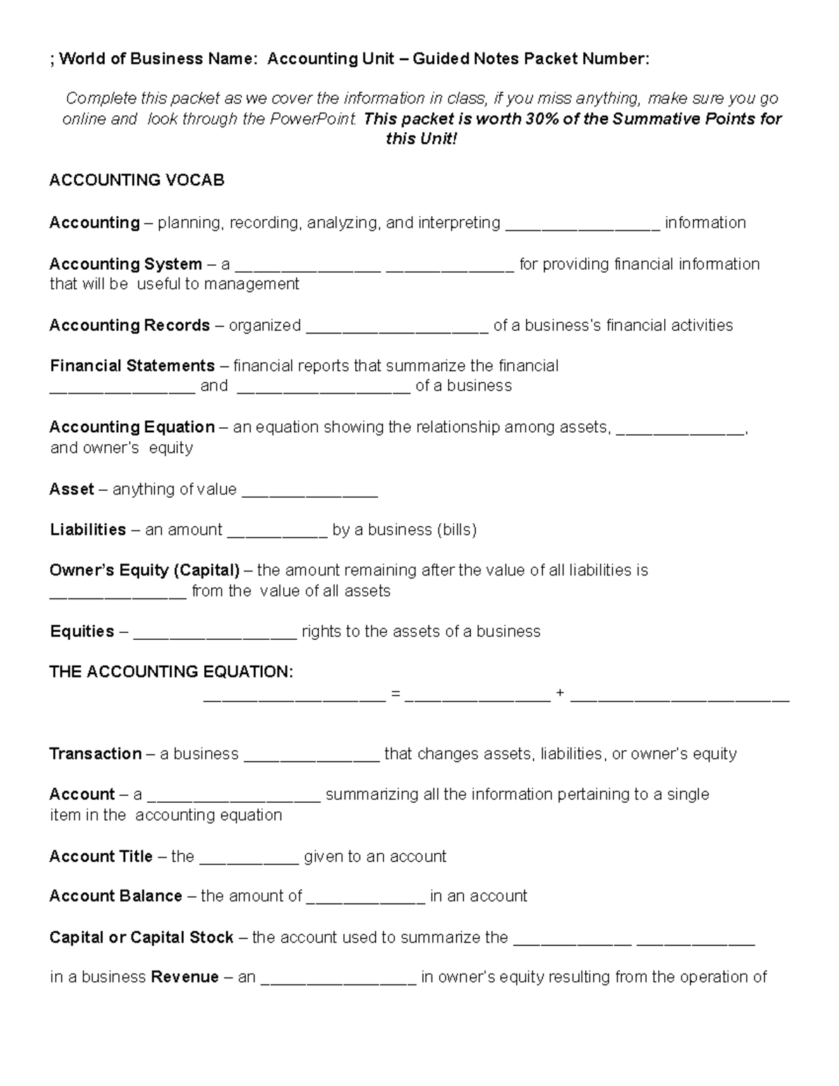 Accounting Basics Guided Notes: Unit Overview and Practice Worksheets ...