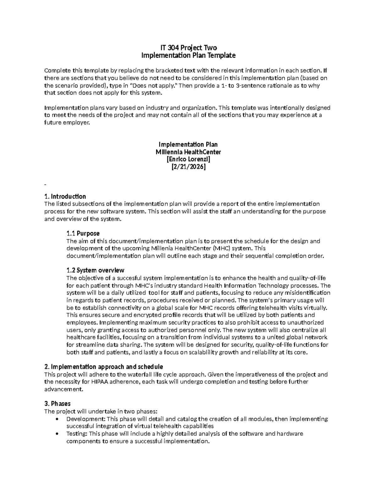 IT 304 Project Two: Millennia HealthCenter Implementation Plan - Studocu