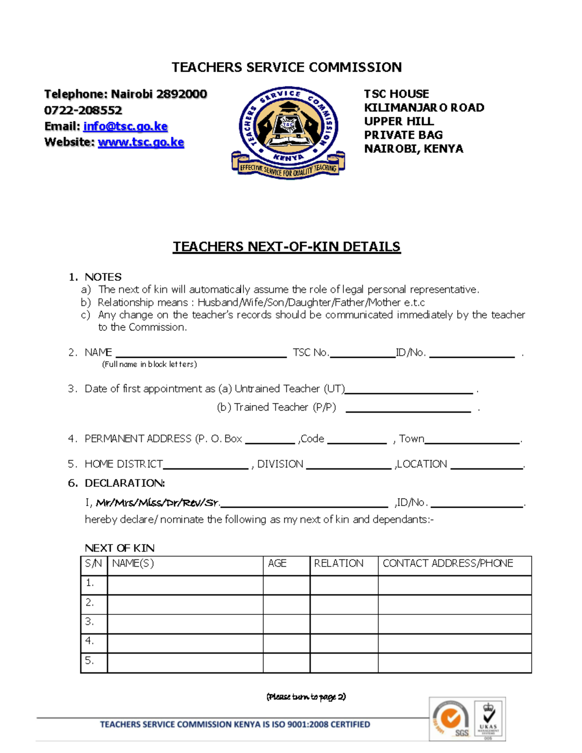 TSC Next of Kin Form for Teachers - Legal Representation Details - Studocu
