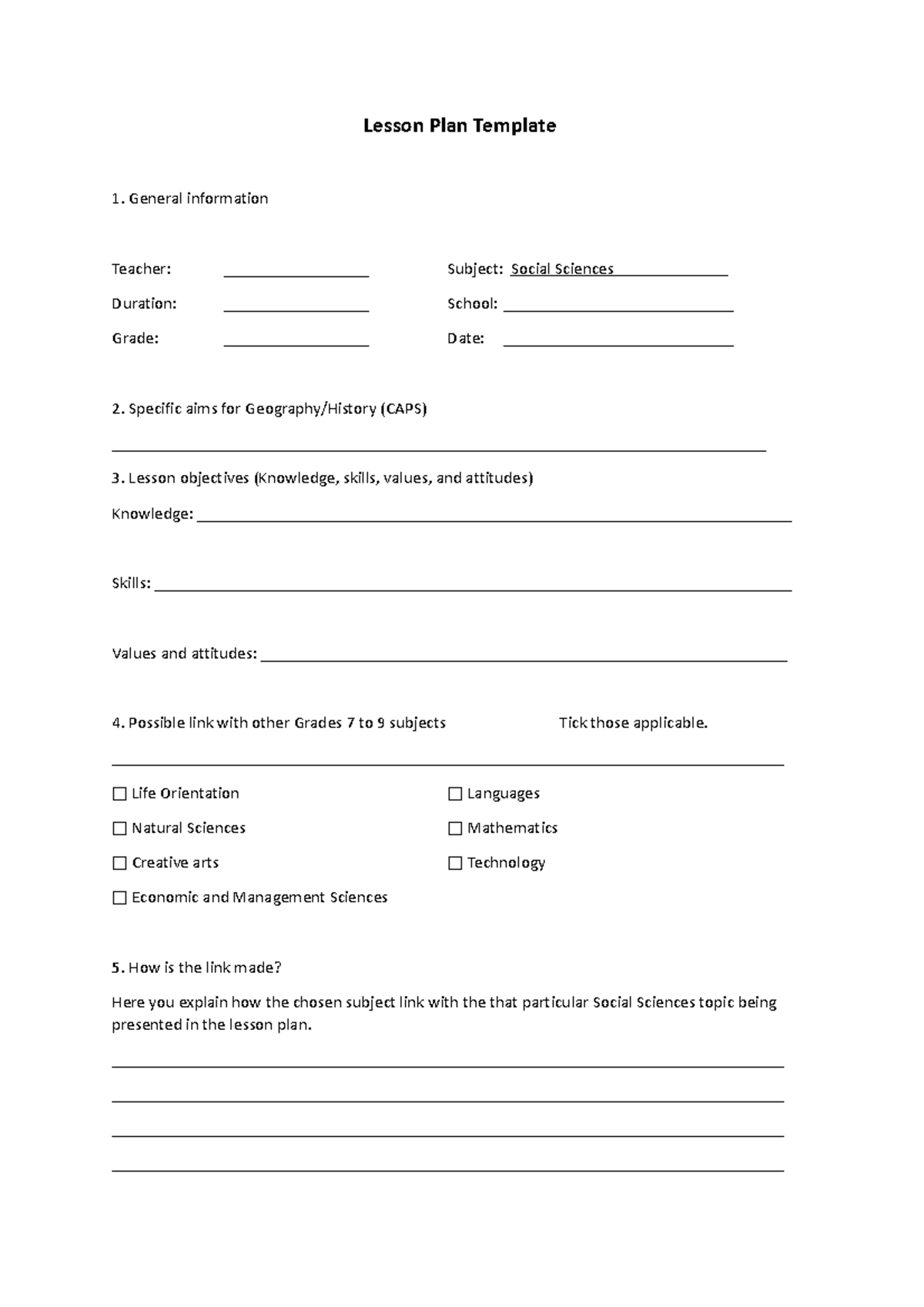 Social Sciences Lesson Plan Template for Grades 7-9 - Studocu