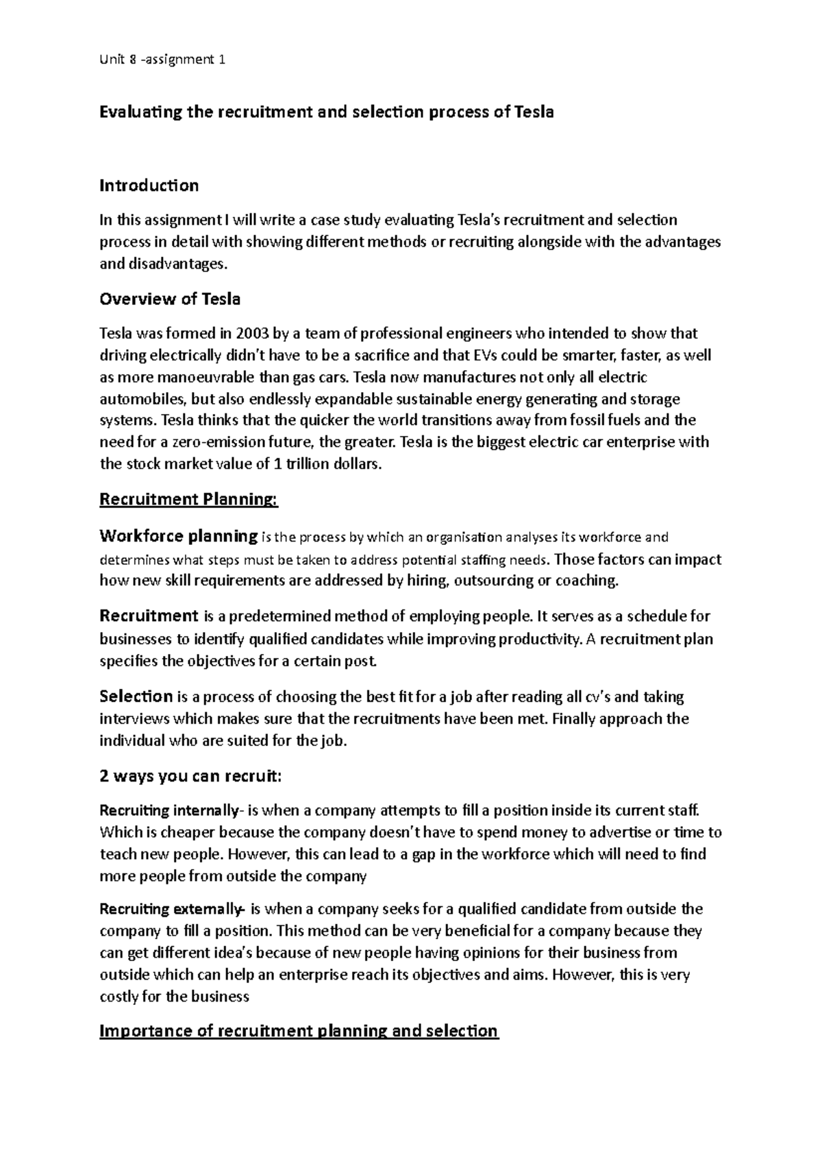 Evaluating the recruitment and selection process of Tesla - Unit 8 ...