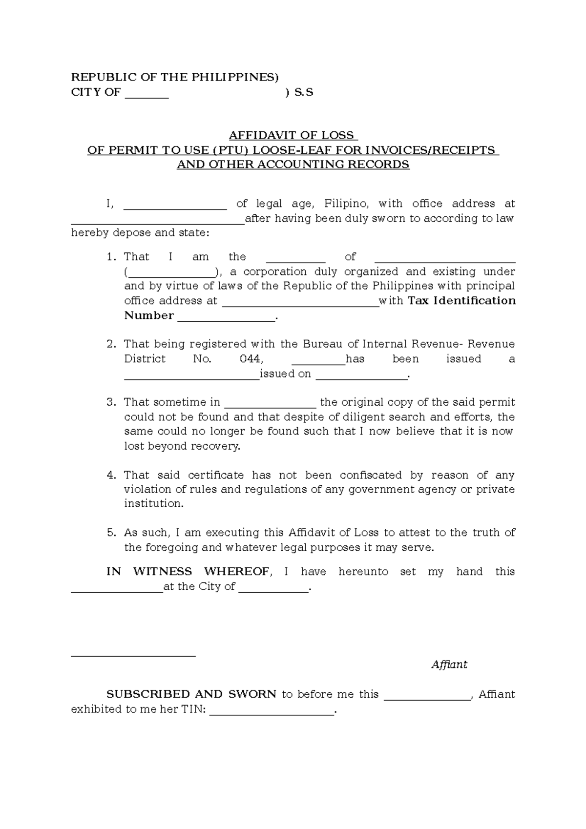 Affidavit of Loss-BIR Permit to use Loose-Leaf-Draft - REPUBLIC OF THE ...