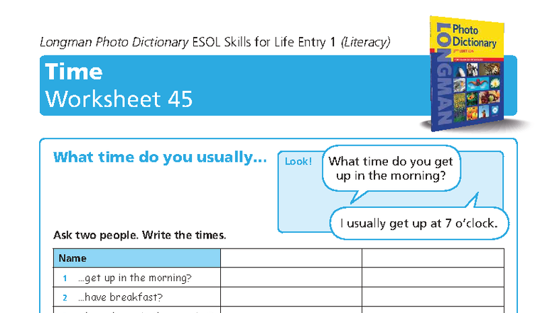 Longman Photo Dictionary ESOL Skills for Life Entry 1 Time Worksheet ...