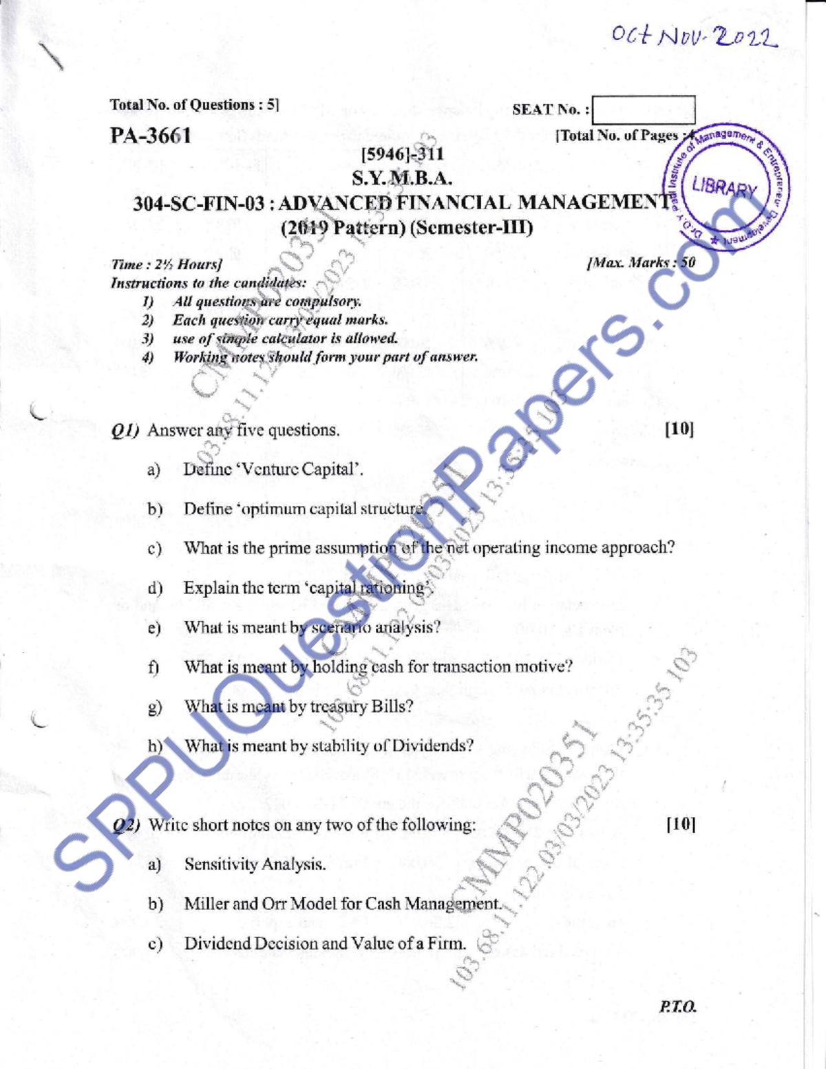 Postgraduate MBA Semester 3 2022 Nov Advanced Financial Management Exam ...