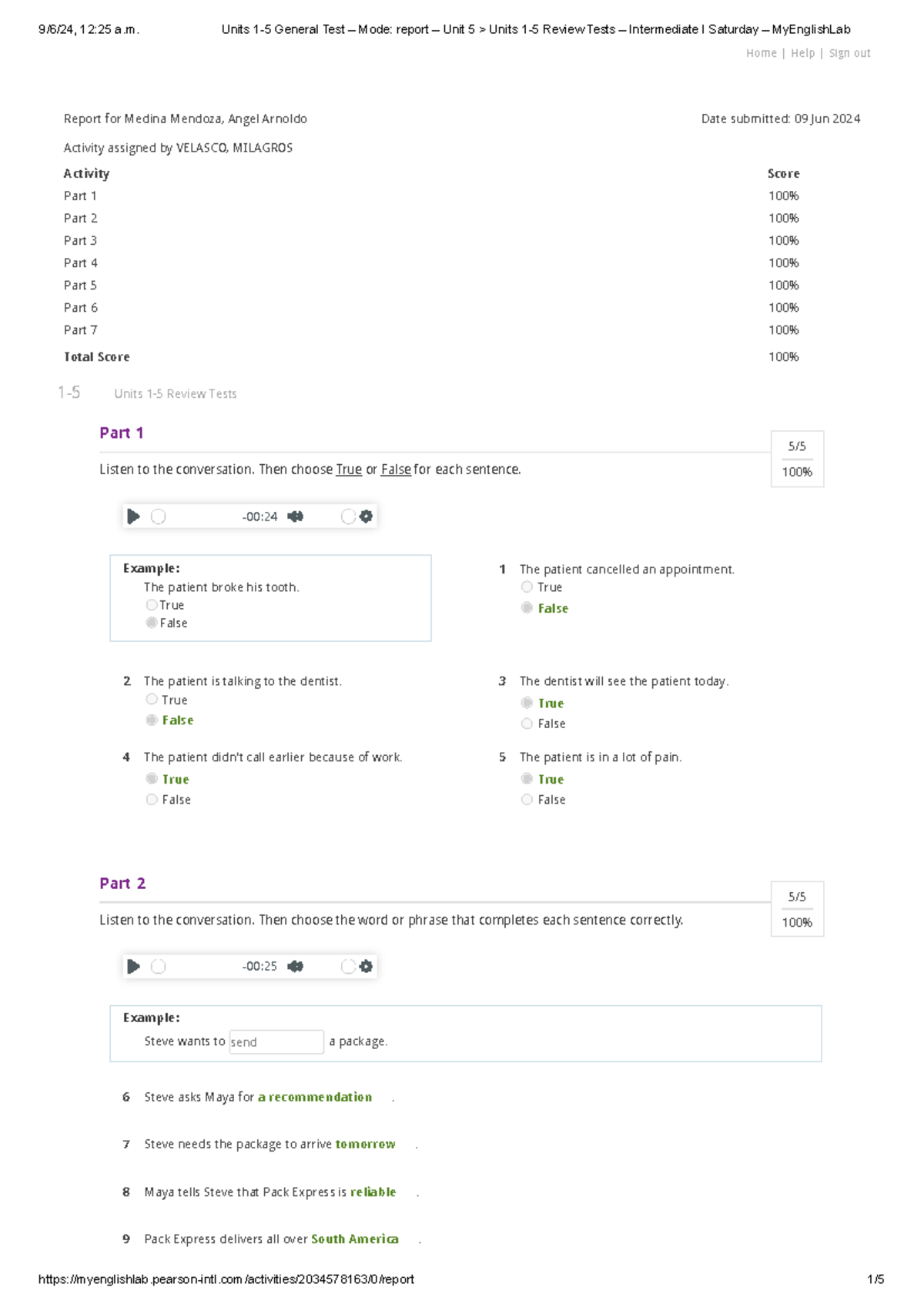 Intermediate I Unit 5 Review Tests – English Lab Complete Score Report ...