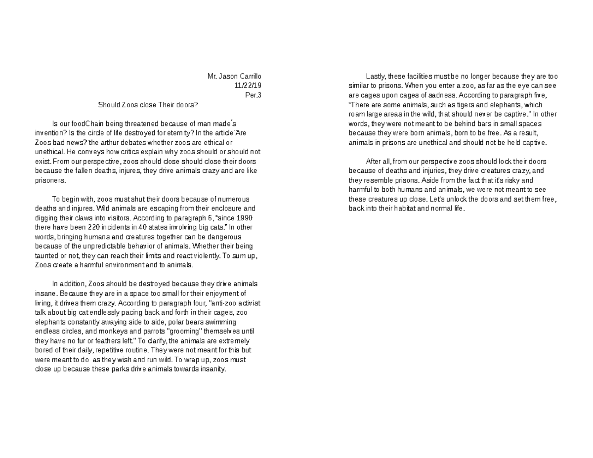 Jason Carrillo - Argumentative Essay on the Ethics of Zoos - Studocu