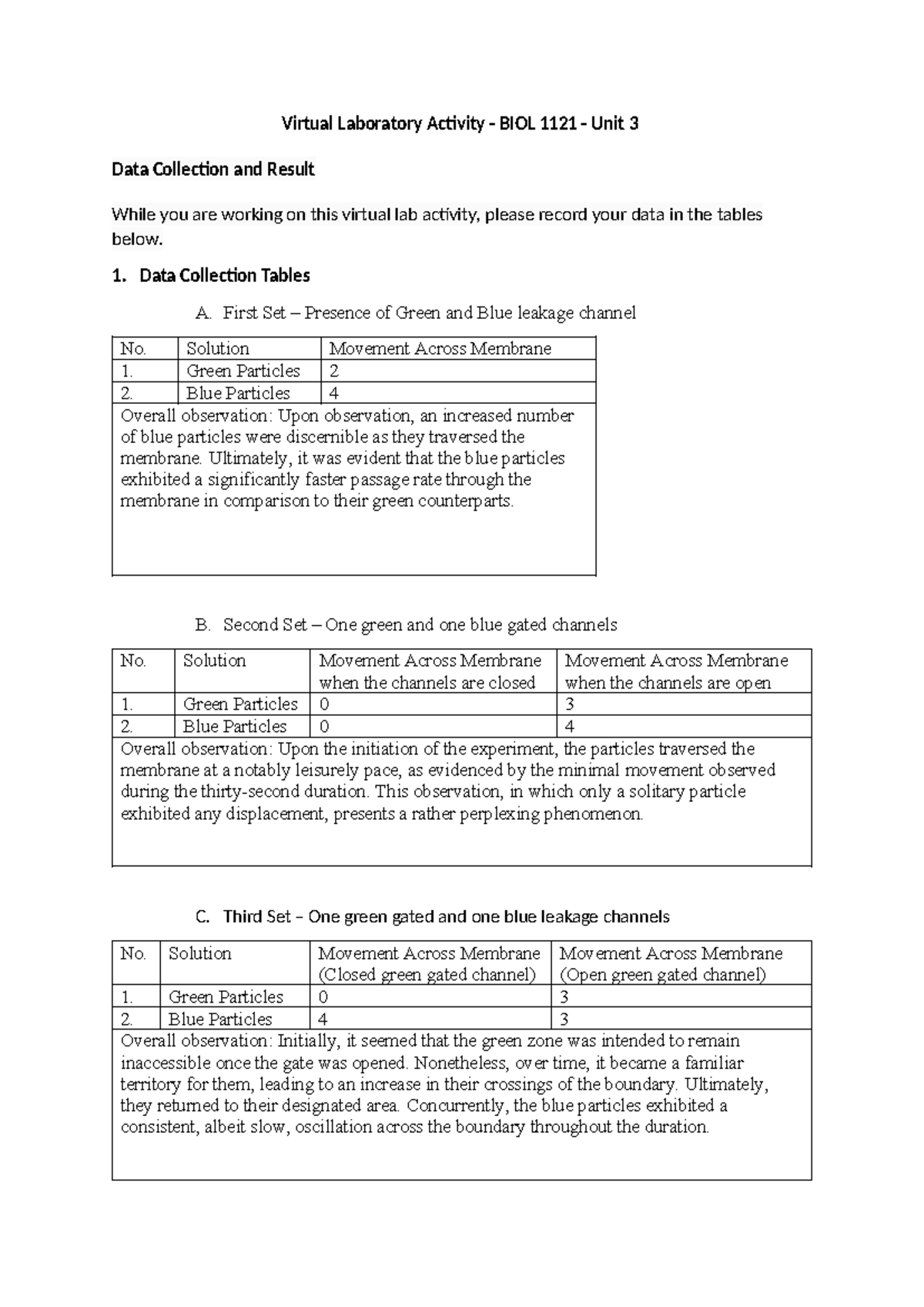 BIOL 1121 Virtual Lab Assignment Analysis - Unit 3 Overview - Studocu