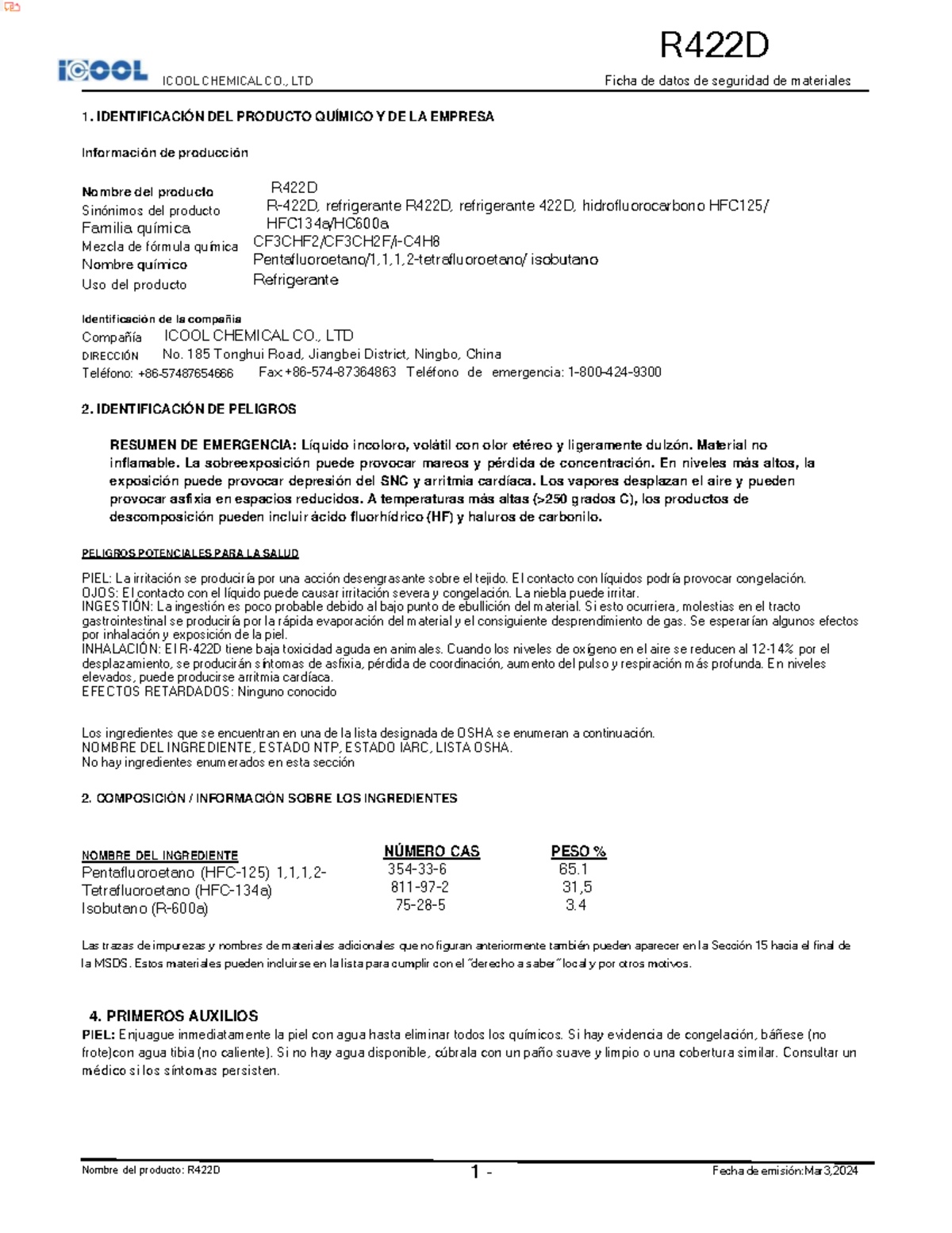 MSDS R422D Icool - MAR 2024 - Nombre del producto: R422D 1 - Fecha de ...