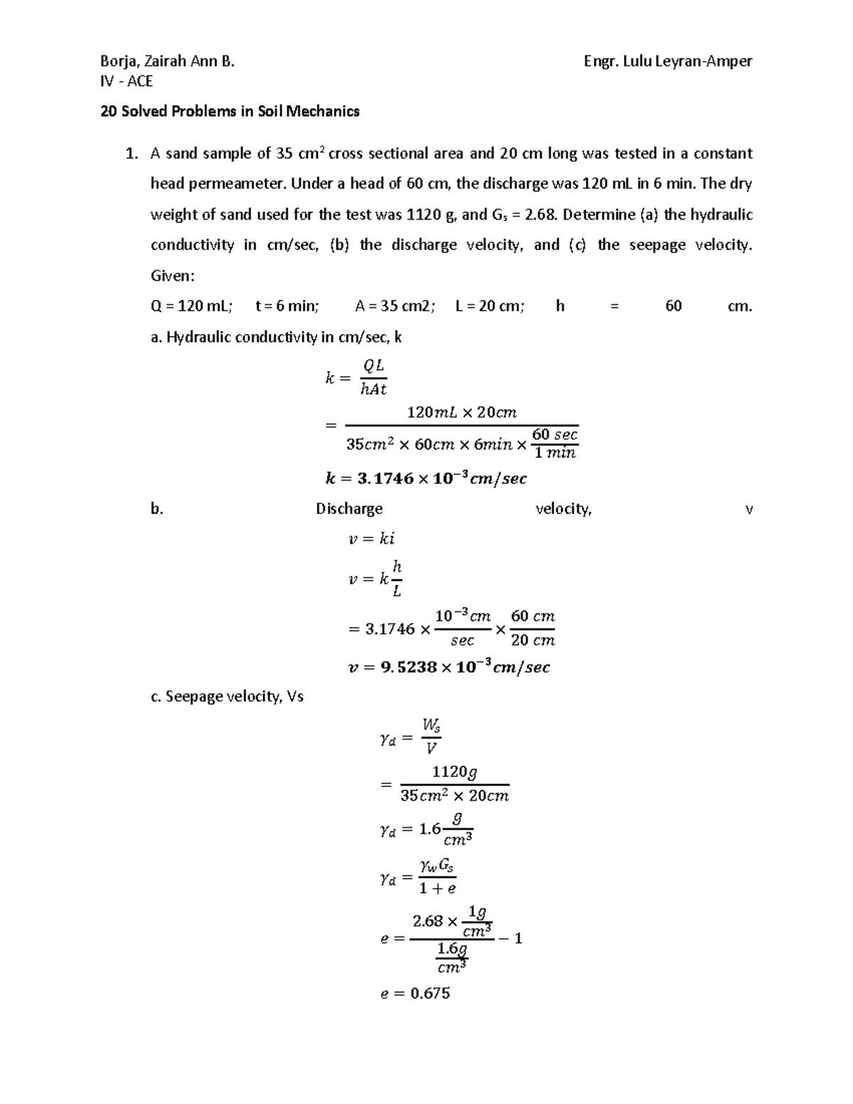 IV ACE Engr. Lulu: 20 Solved Problems in Soil Mechanics - Studocu