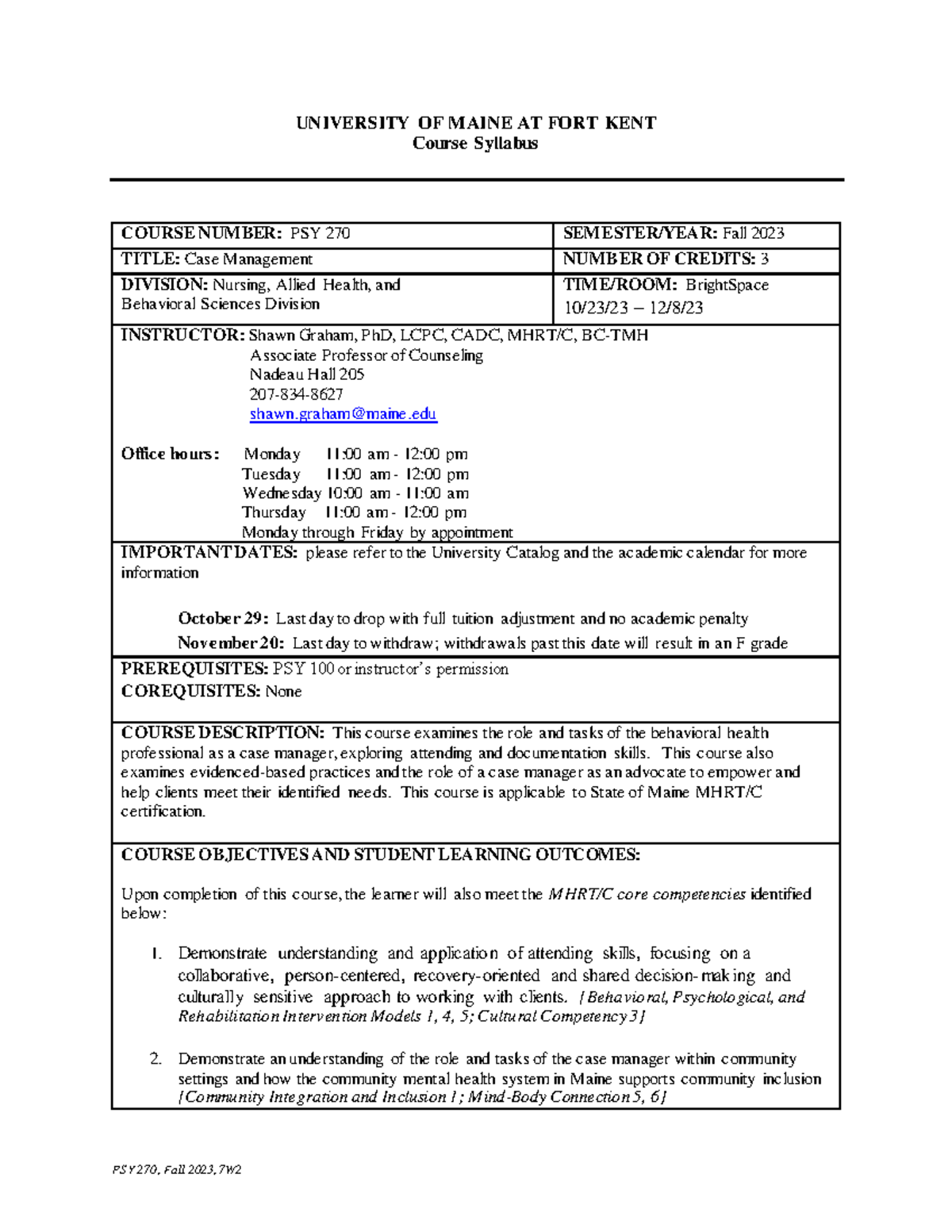 PSY 270 Case Management Syllabus for Fall 2023 (7W2) - Studocu