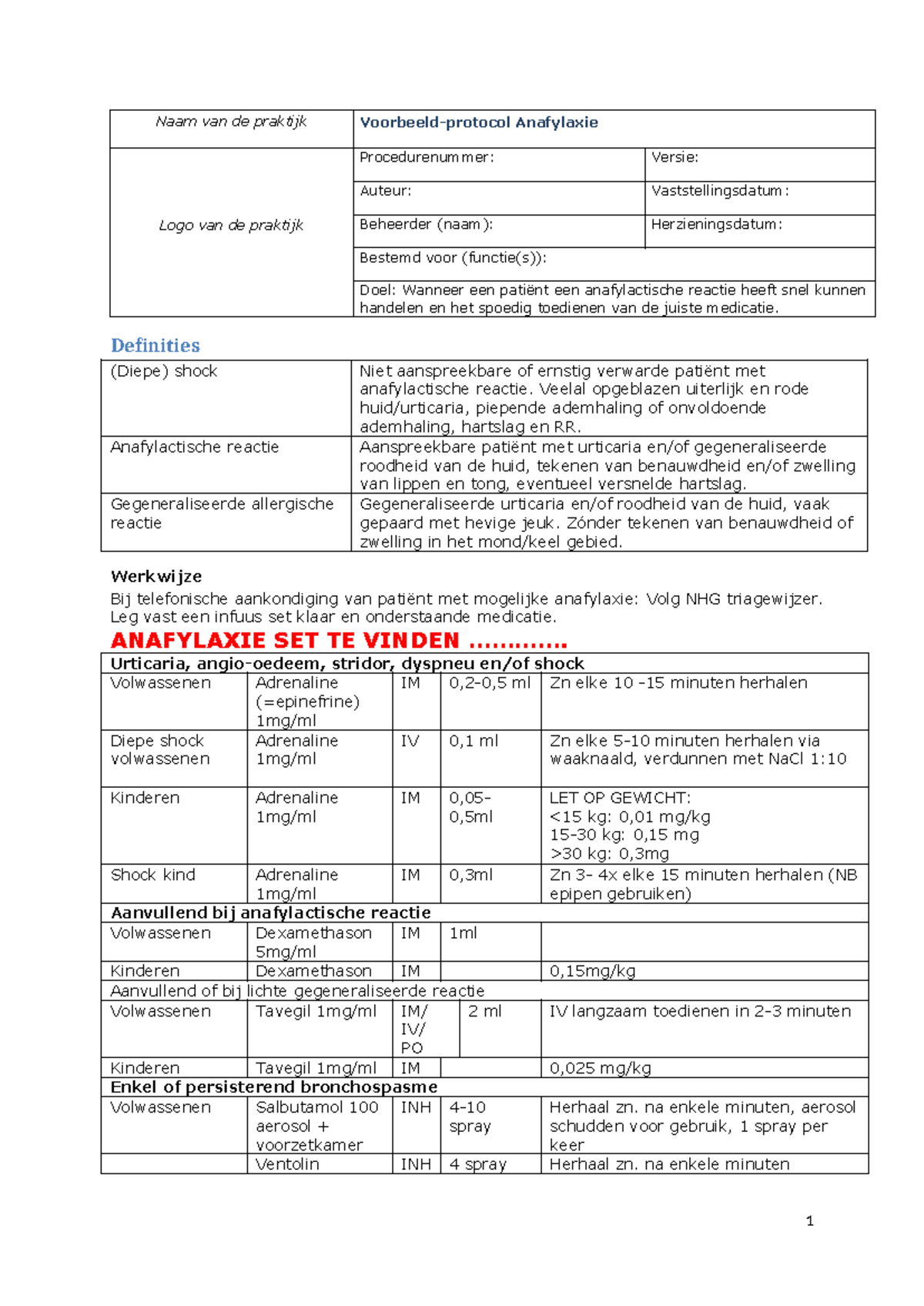 Protocol Anafylaxie: Behandelingsrichtlijnen en Medicatieinstellingen ...