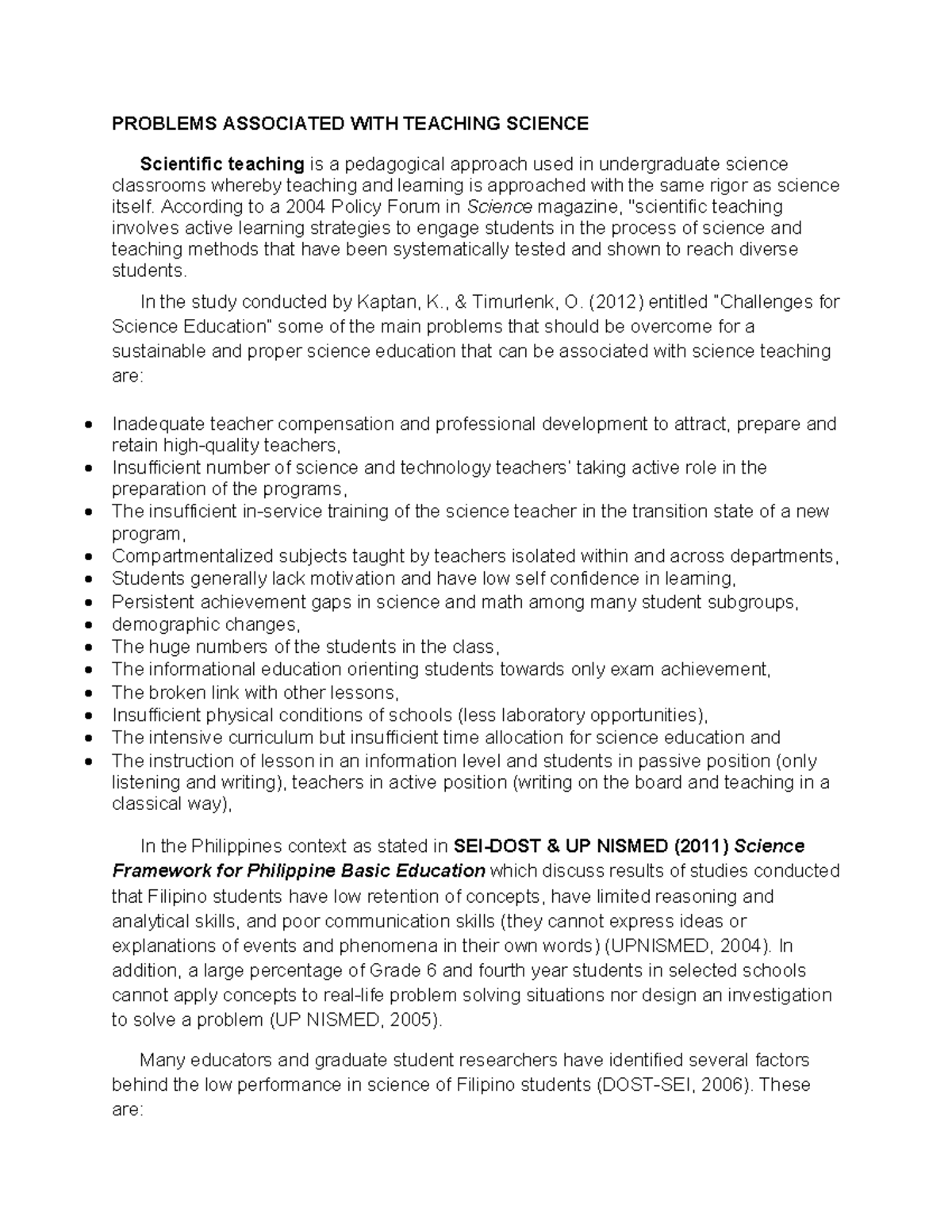 Problems associated with teaching science - PROBLEMS ASSOCIATED WITH ...