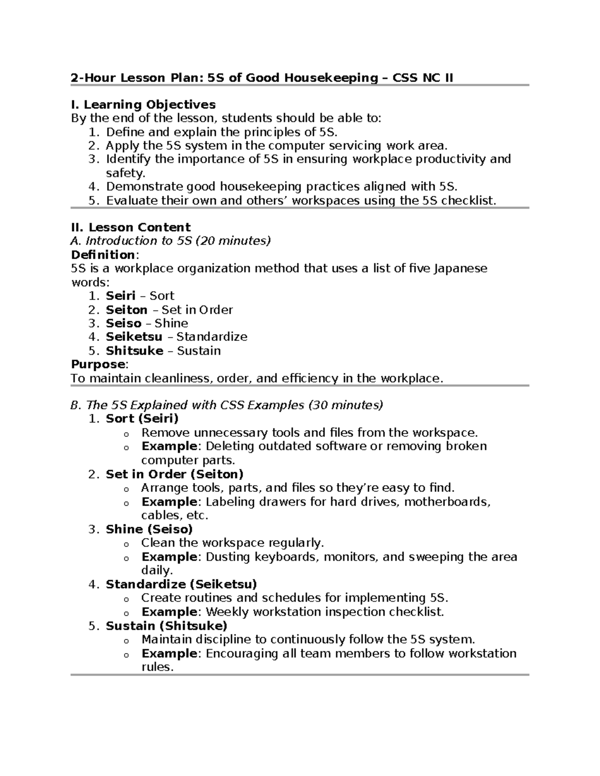 Lesson 2-CSS-ICCS: 5S Good Housekeeping Strategies - Studocu