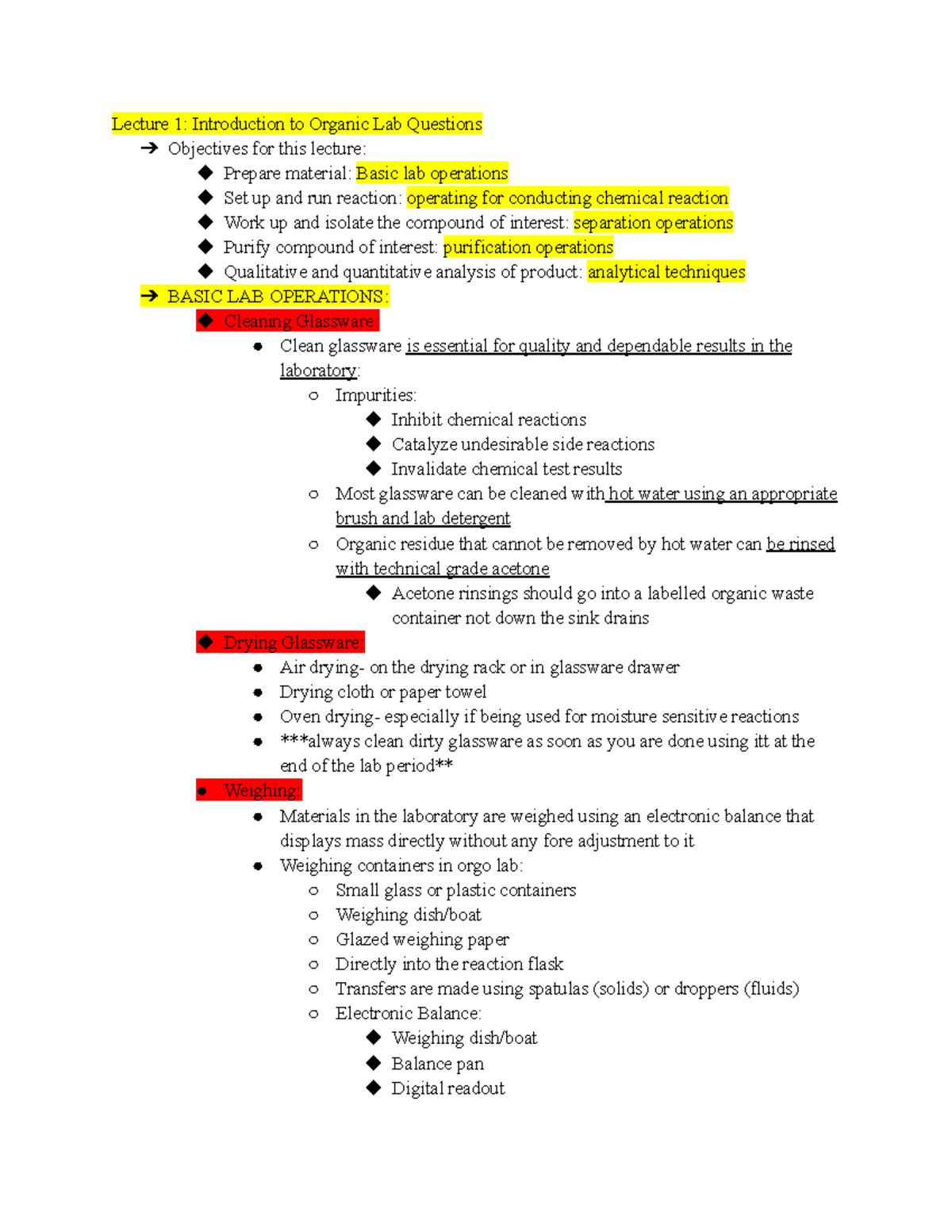 Orgo 335- Lab lecture notes - Lecture 1: Introduction to Organic Lab ...