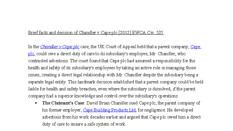 Chandler v Cape plc: Key Facts & Court Decision Analysis - Studocu