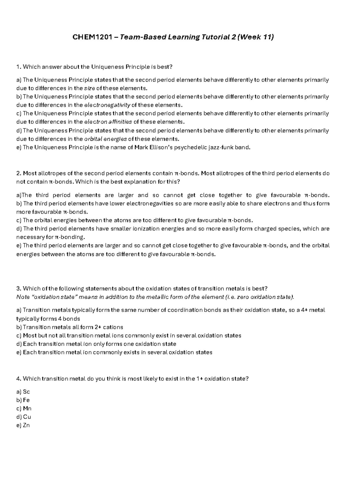 2025 CHEM1201 Tutorial Questions - Week 11 on Uniqueness Principle ...