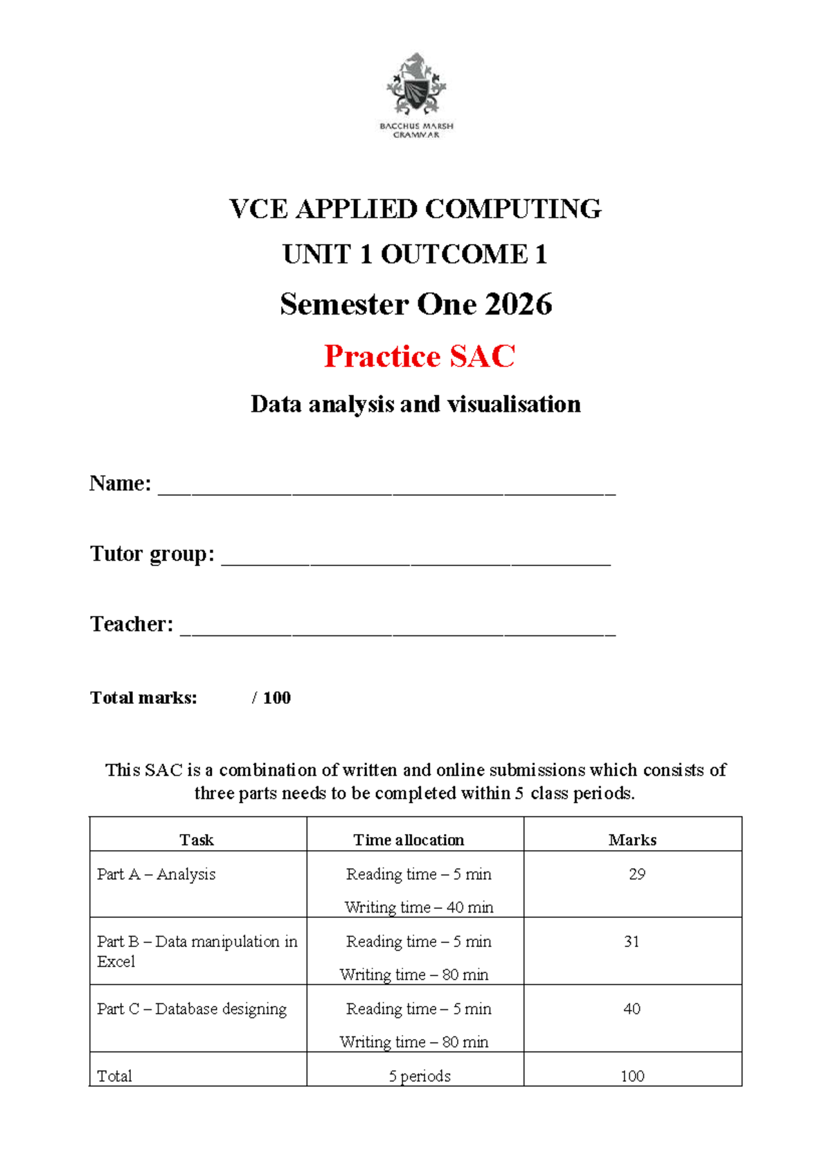 VCE APPLIED COMPUTING UNIT 1 Outcome 1 Practice SAC 2026: Data Analysis ...