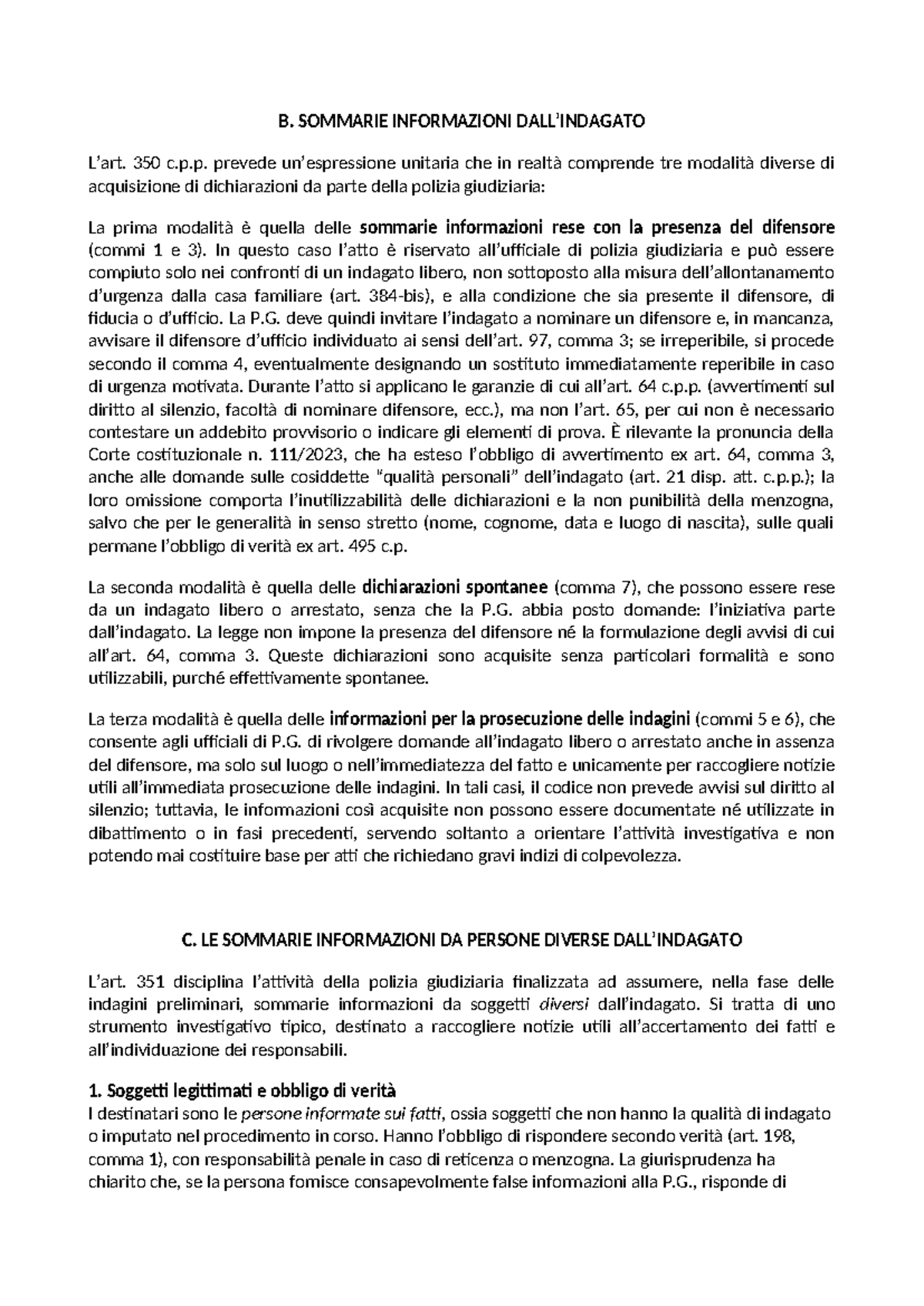 Indagini Preliminari e Sommarie Informazioni 350 c.p.p. - Studocu
