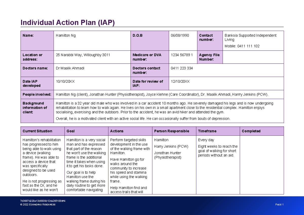 Individual Action Plan - SD-Disability Support for Hamilton Ng - Studocu