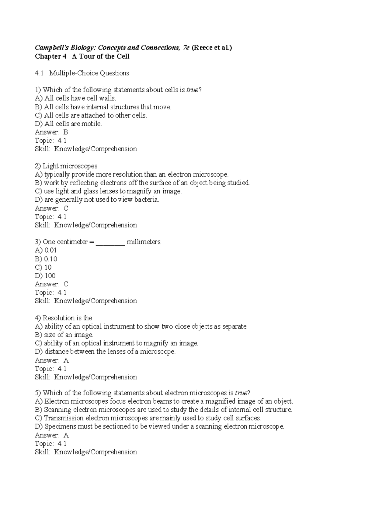 Biology 04 Test Bank: Campbell Unit 4 - Cell Structure & Function ...
