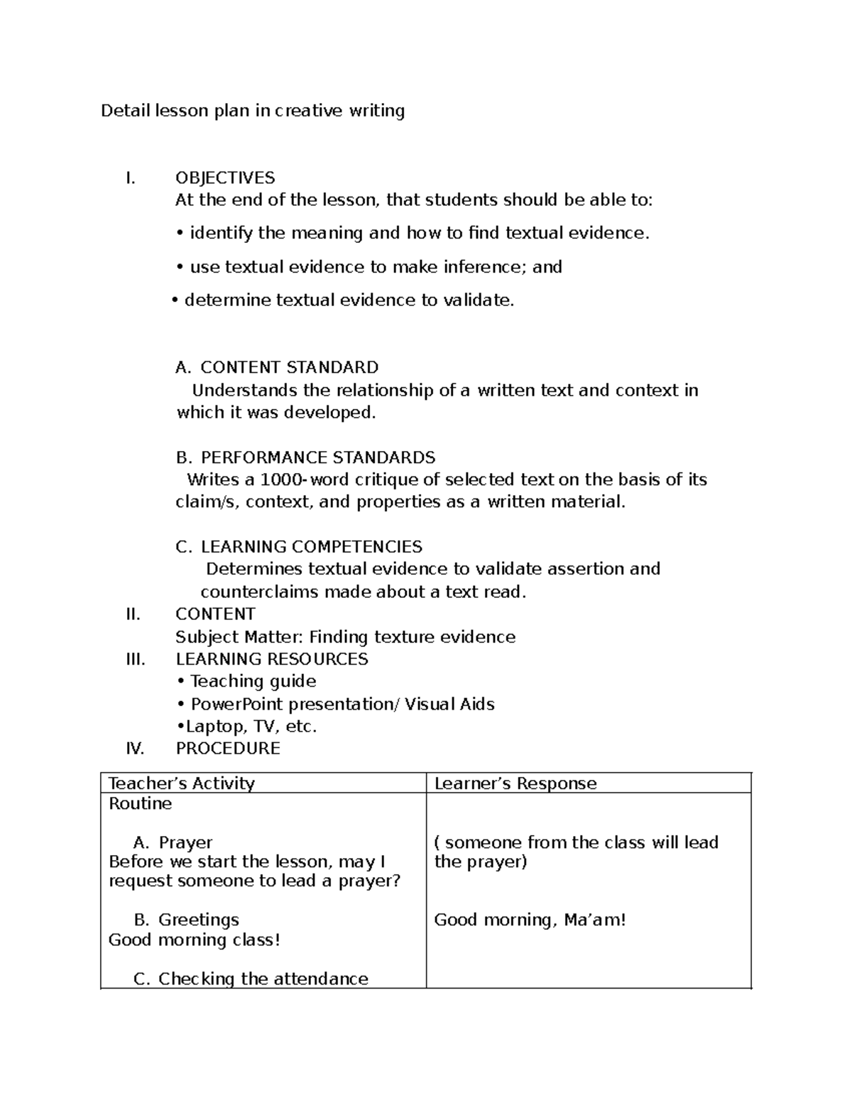Detailed Lesson Plan for Creative Writing I: Textual Evidence - Studocu