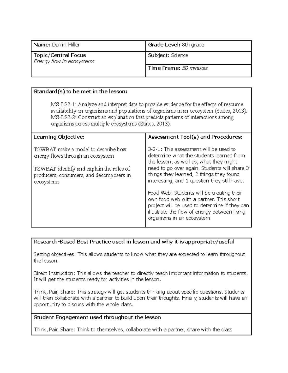 D187 Task 3 Final - Passed - Name: Darrin Miller Grade Level: 8th grade ...