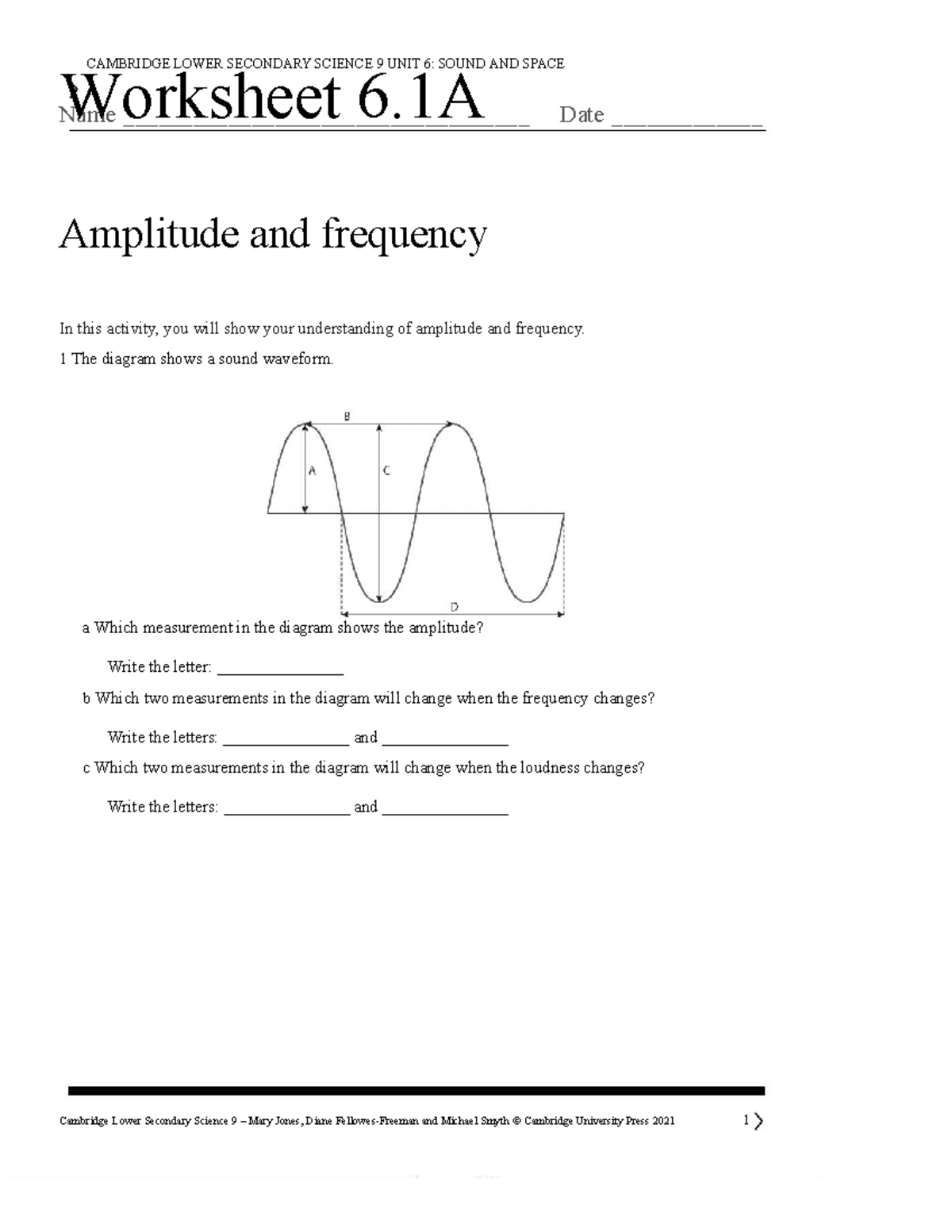 CAMBRIDGE LOWER SECONDARY SCIENCE 9 UNIT 6: SOUND AND SPACE Worksheet ...