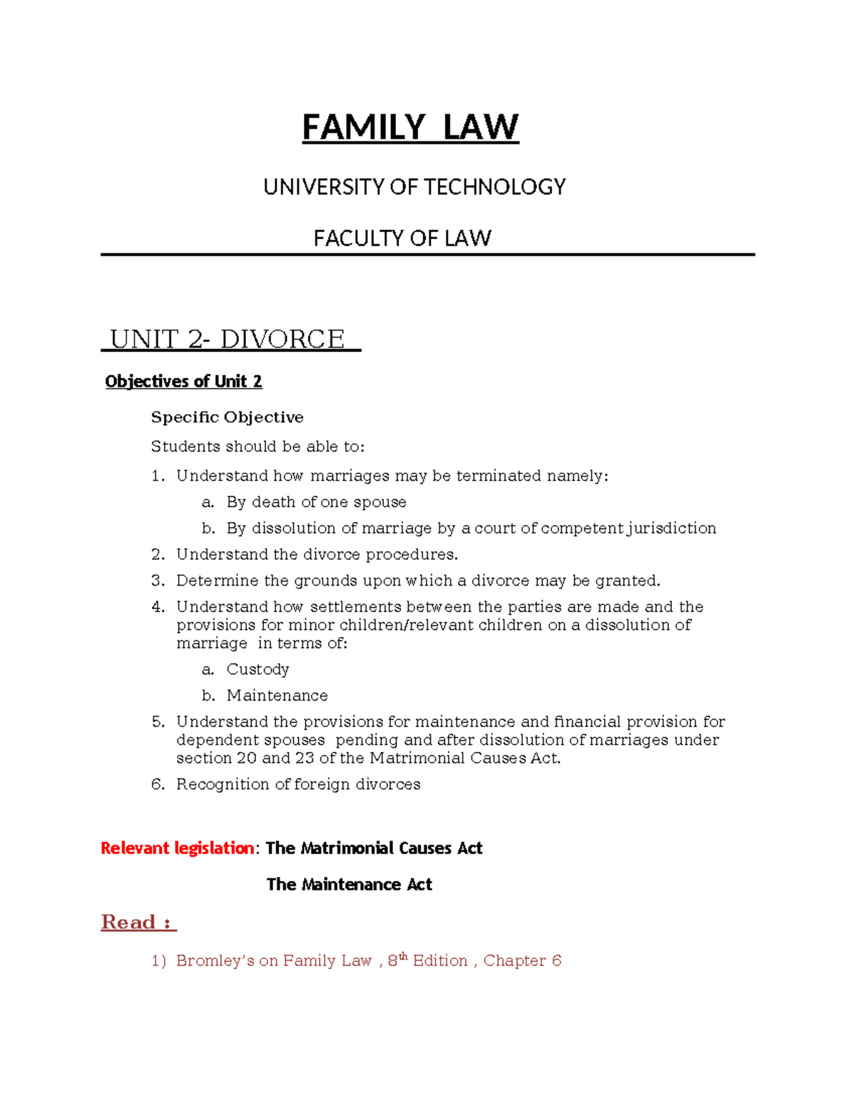 Divorce Law Lecture Notes - Family Law Unit 2 (UTN-2023) - Studocu