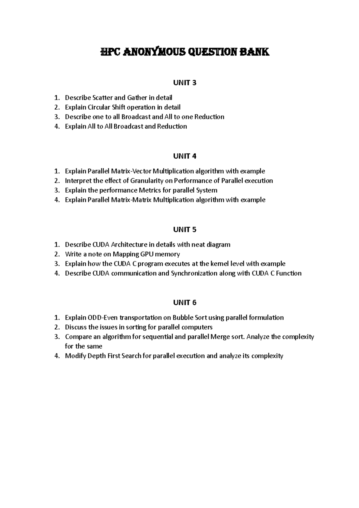 HPC Question Bank: Units 3-6 Overview and Key Concepts - Studocu