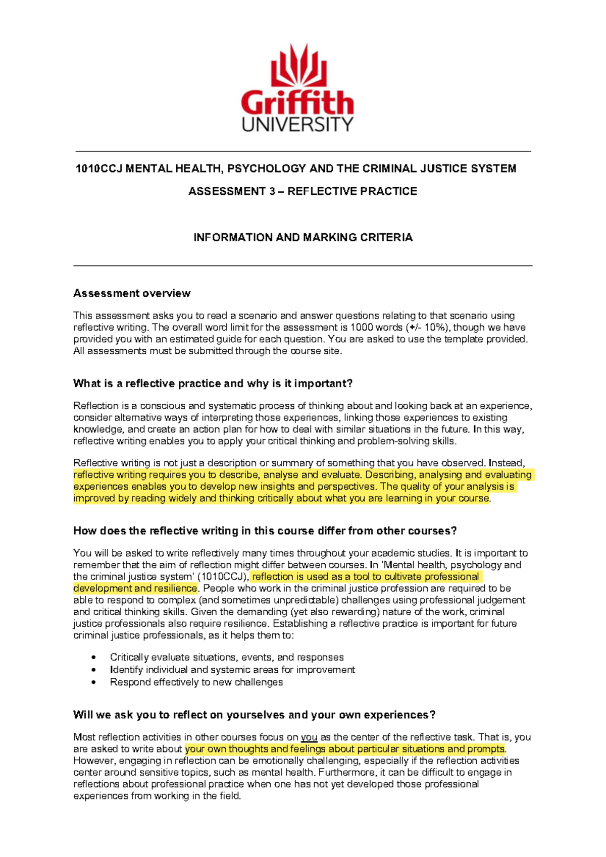 1010CCJ Assessment 3: Reflective Practice Guidelines and Criteria - Studocu